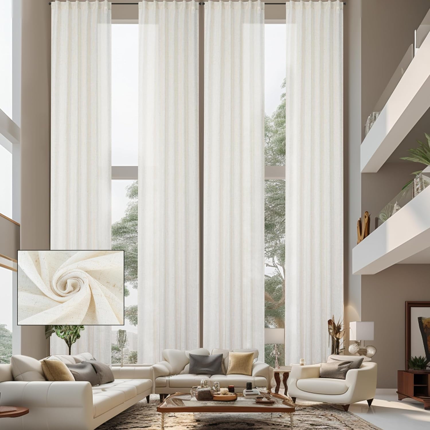 DriftAway Extra Long Linen Textured Sheer Pinch Pleat Curtains 2 Panels ...