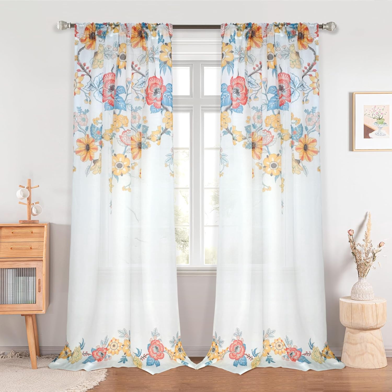 DriftAway Floral Sheer Curtains for Living Room Classic Yellow Flower ...