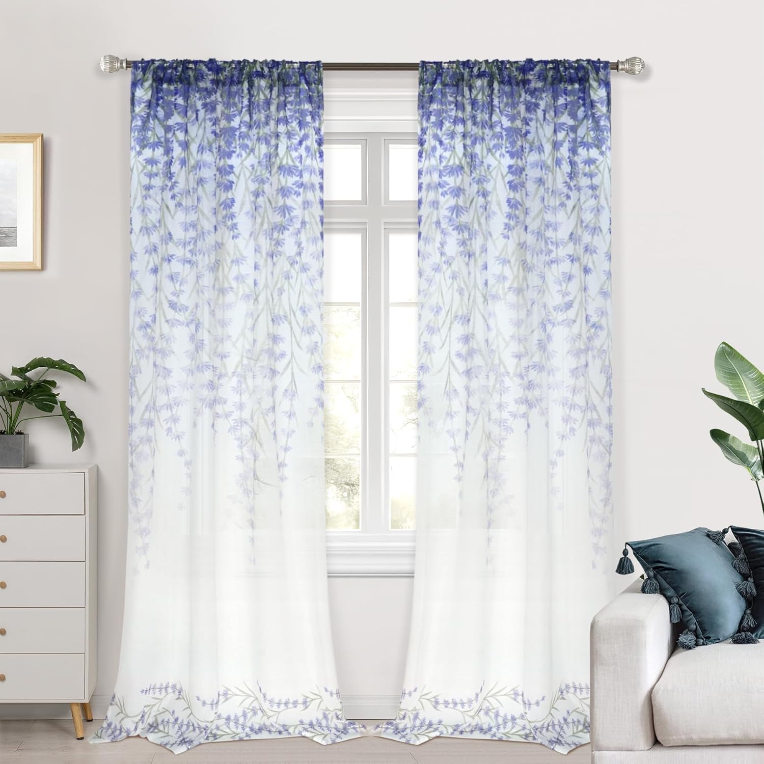 DriftAway Floral Sheer Curtains for Living Room Purple Flower Printed ...