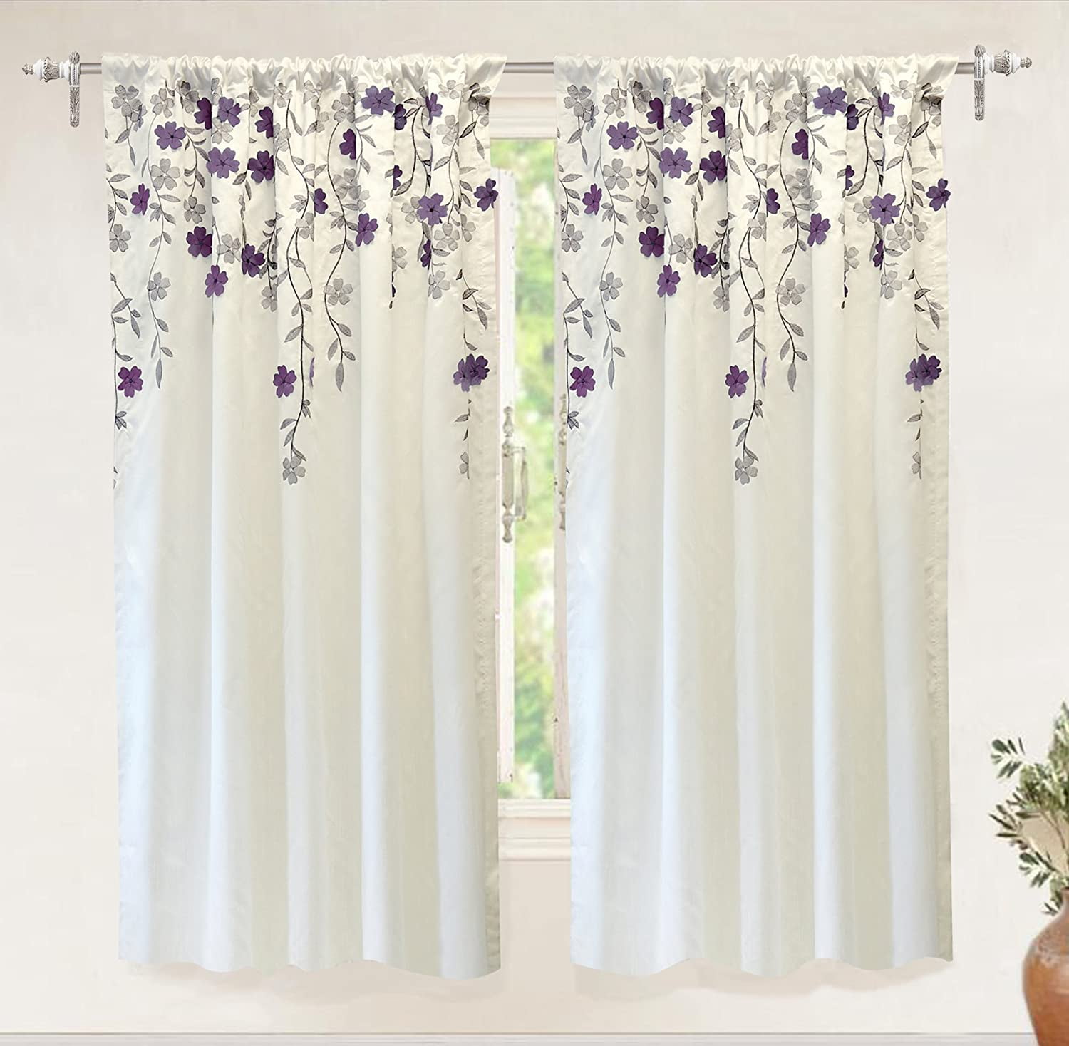 DriftAway Isabella Faux Silk Embroidered Window Curtain Embroidered ...