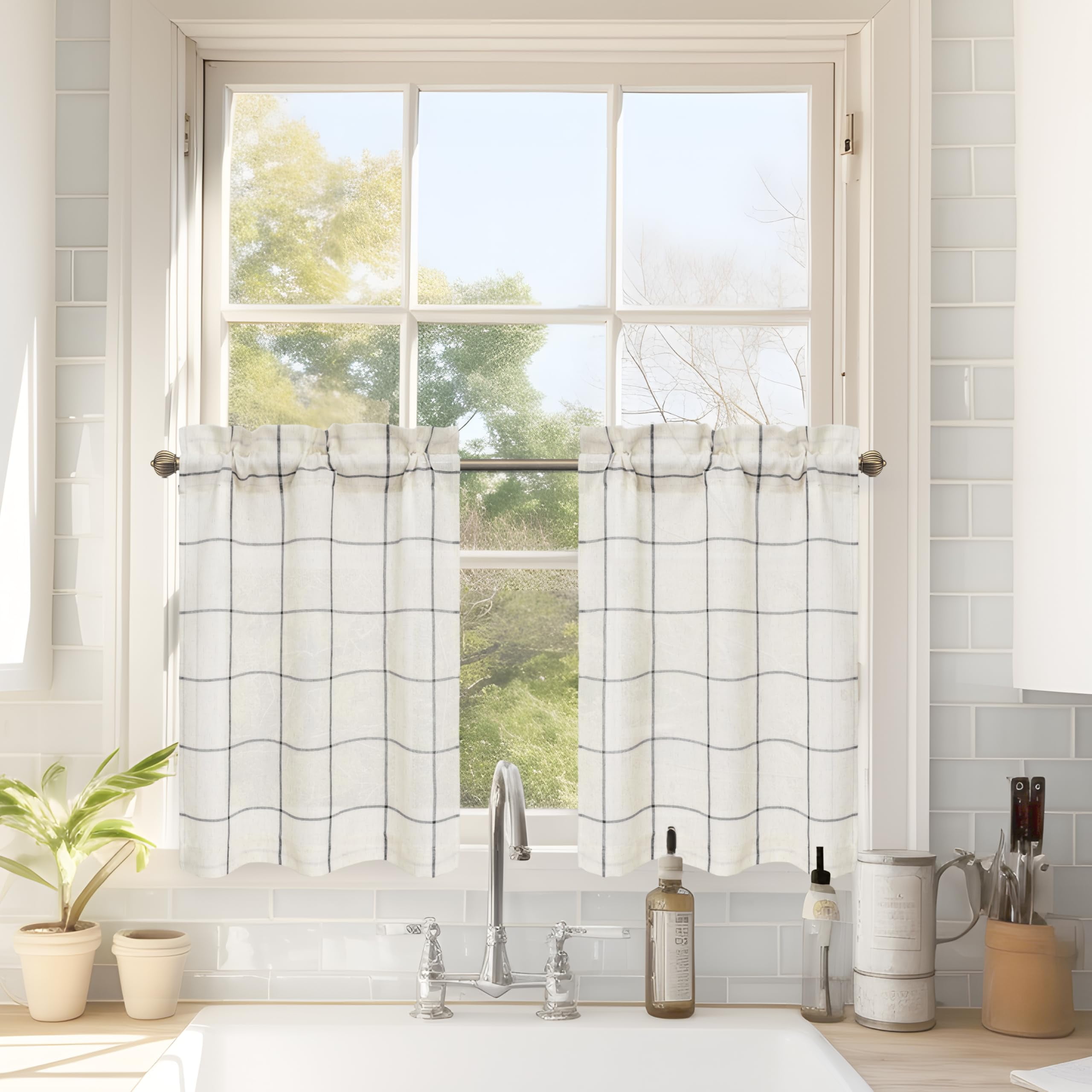 DriftAway Kitchen Curtains Striped Tier Linen Short Curtains Windowpane ...