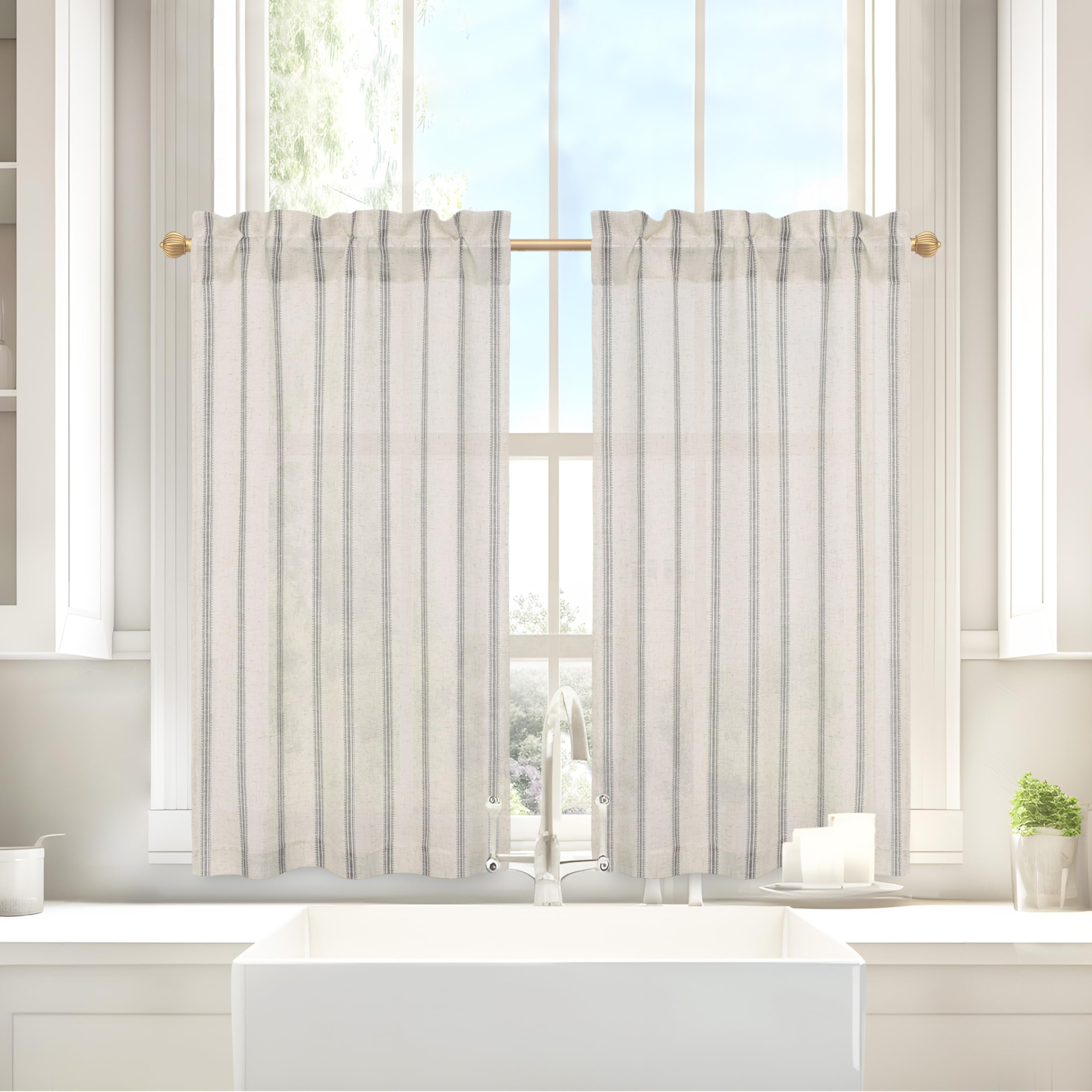 DriftAway Kitchen Curtains Striped Tier Linen Short Curtains Pinstripe ...