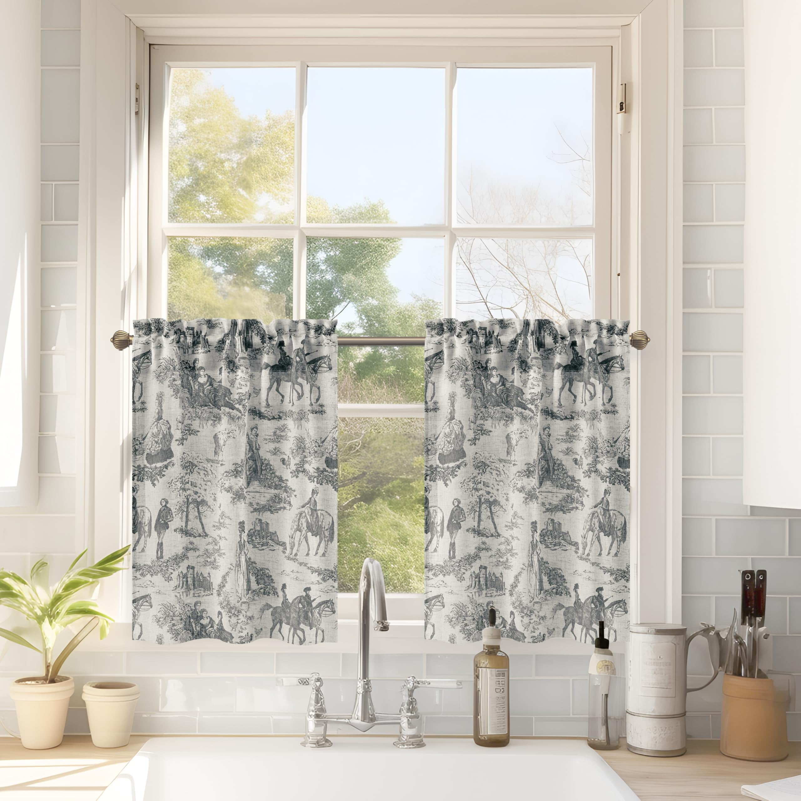 DriftAway Kitchen Curtains Toile Tier Linen Short Curtains Cafe 24 Inch ...