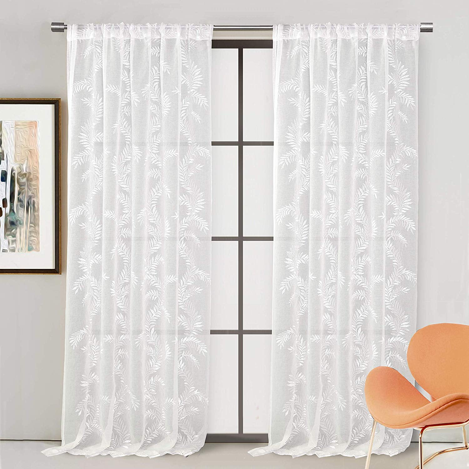 DriftAway Linett Leaves Embroidery Sheer Window Curtains Rod Pocket for ...