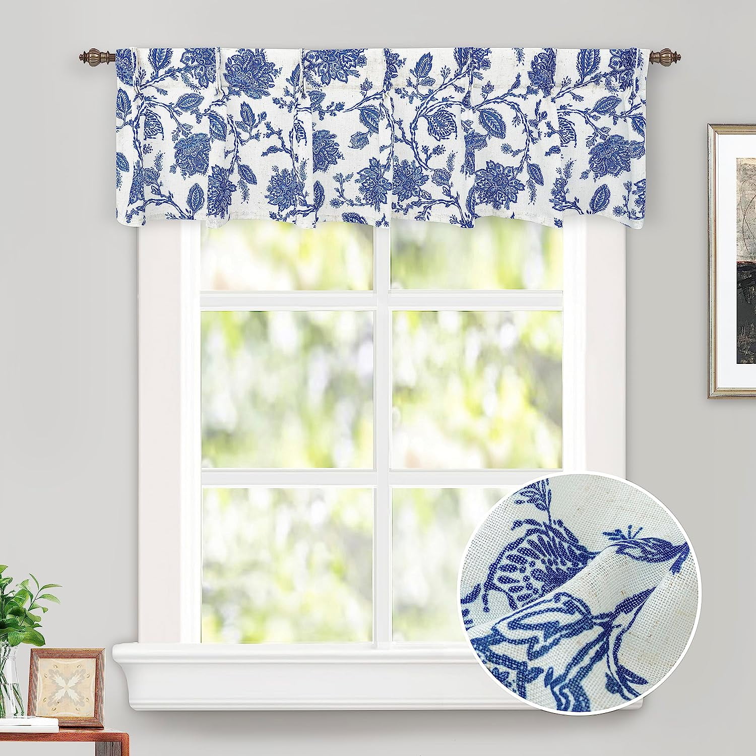 DriftAway Pinch Pleat Valance for Kitchen Window Blue Beige Floral ...