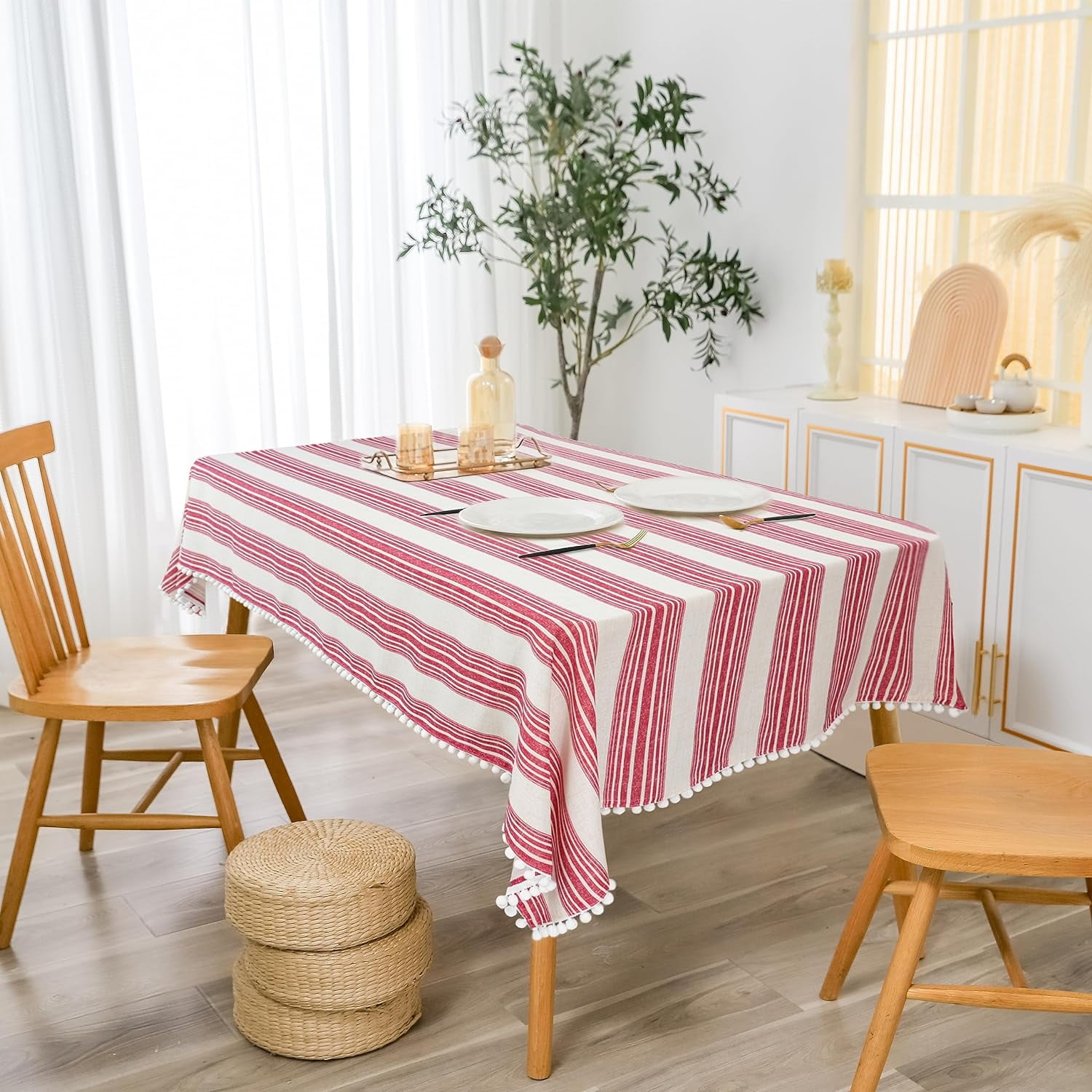 DriftAway Pom Pom Tassel Rectangle Linen Textured Decorative Table ...
