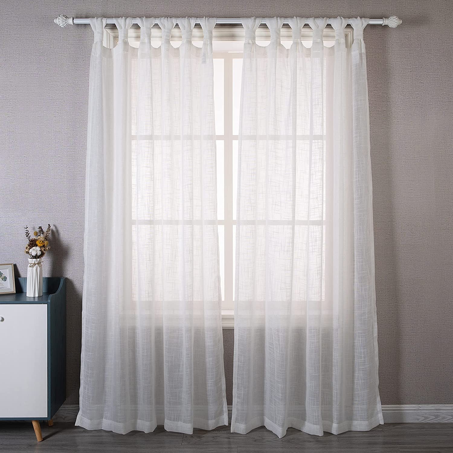 DriftAway Sheer White Window Curtains 84 inches Twist Tab Linen ...