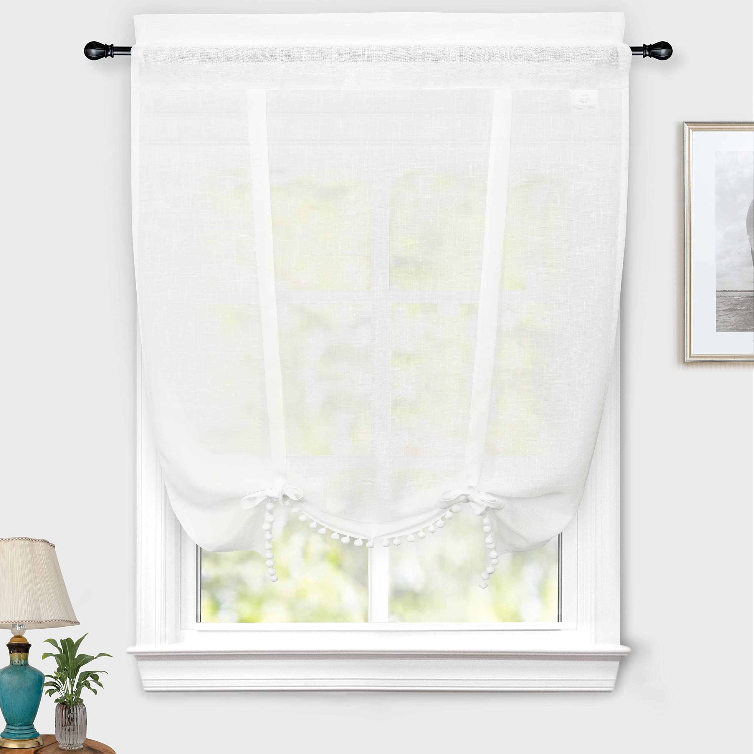 DriftAway Solid Color Linen Textured Slub Sheer with Pom Pom Trim Tie ...