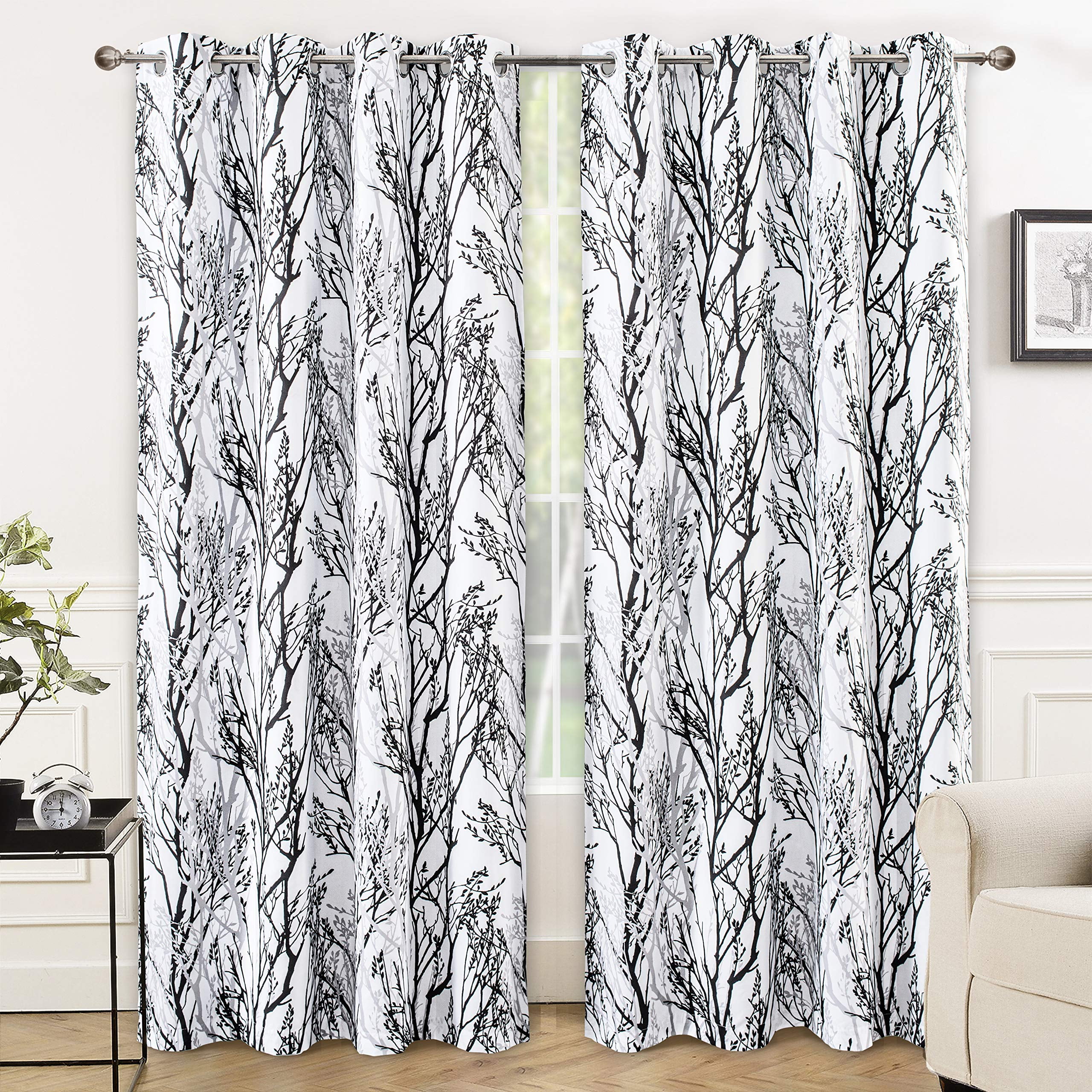 DriftAway Tree Branch Grommet Window Curtain Panel Black White 52"Width ...