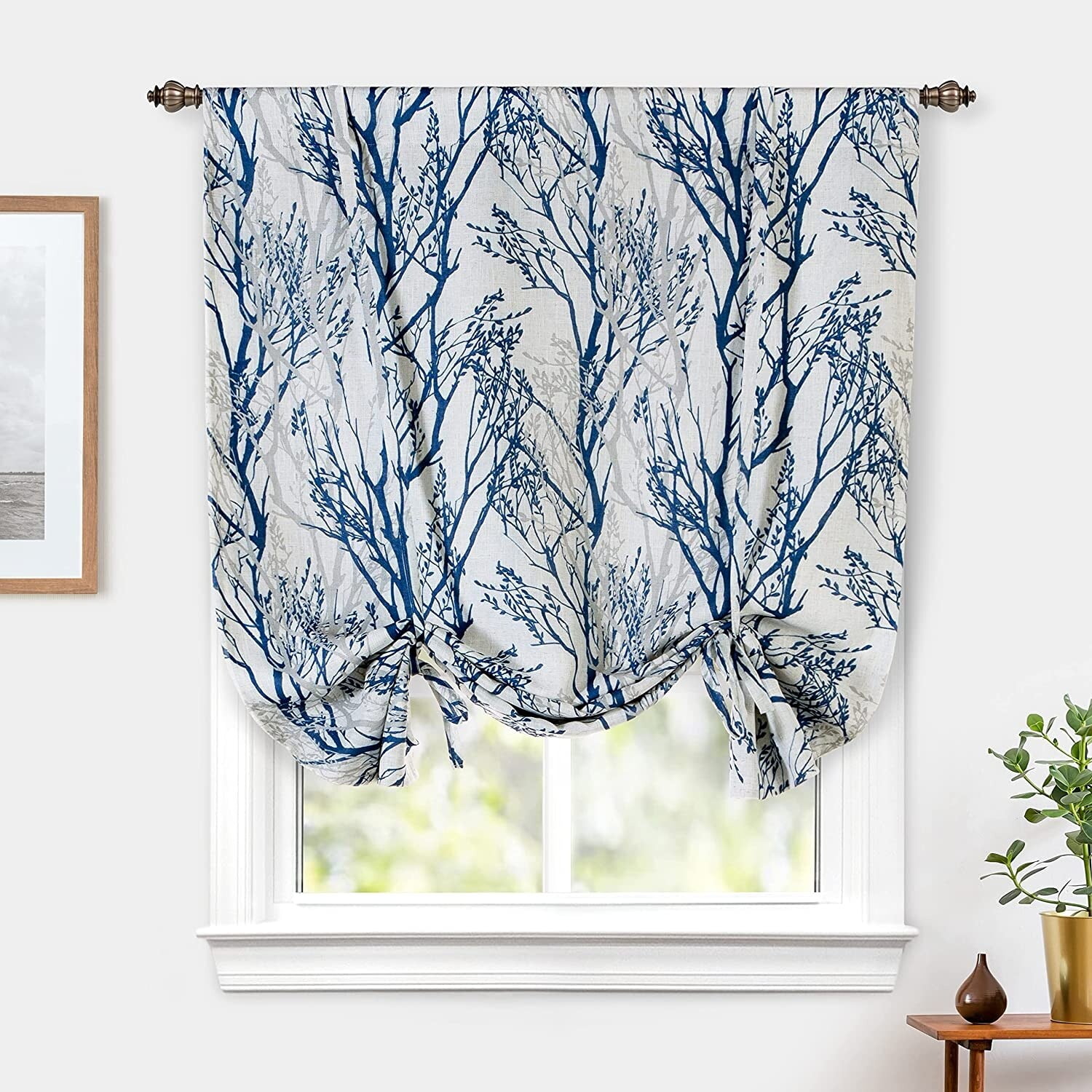 DriftAway Tree Branch Linen Blend Blackout Tie Up Curtain for Kitchen ...
