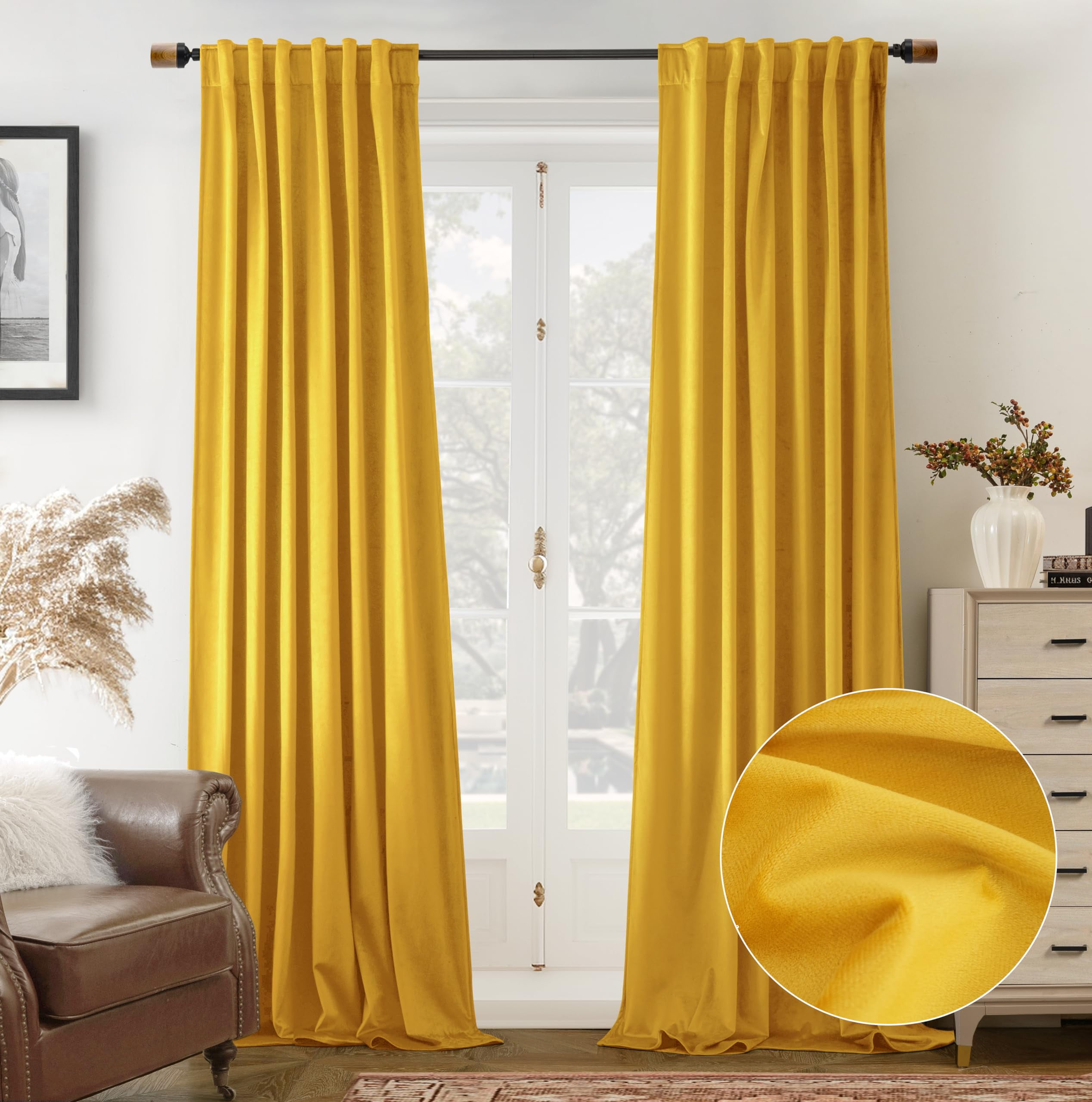 DriftAway Velvet Blackout Curtains Yellow Room Darkening Curtains 108 ...