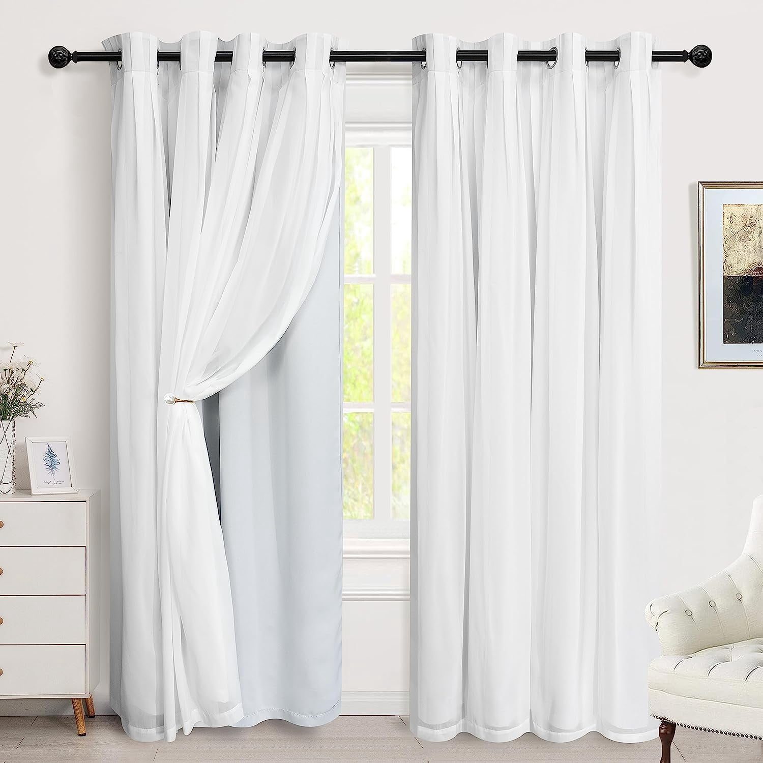 DriftAway White Blackout Curtains with Pleated Voile Chiffon Sheer 84"L ...