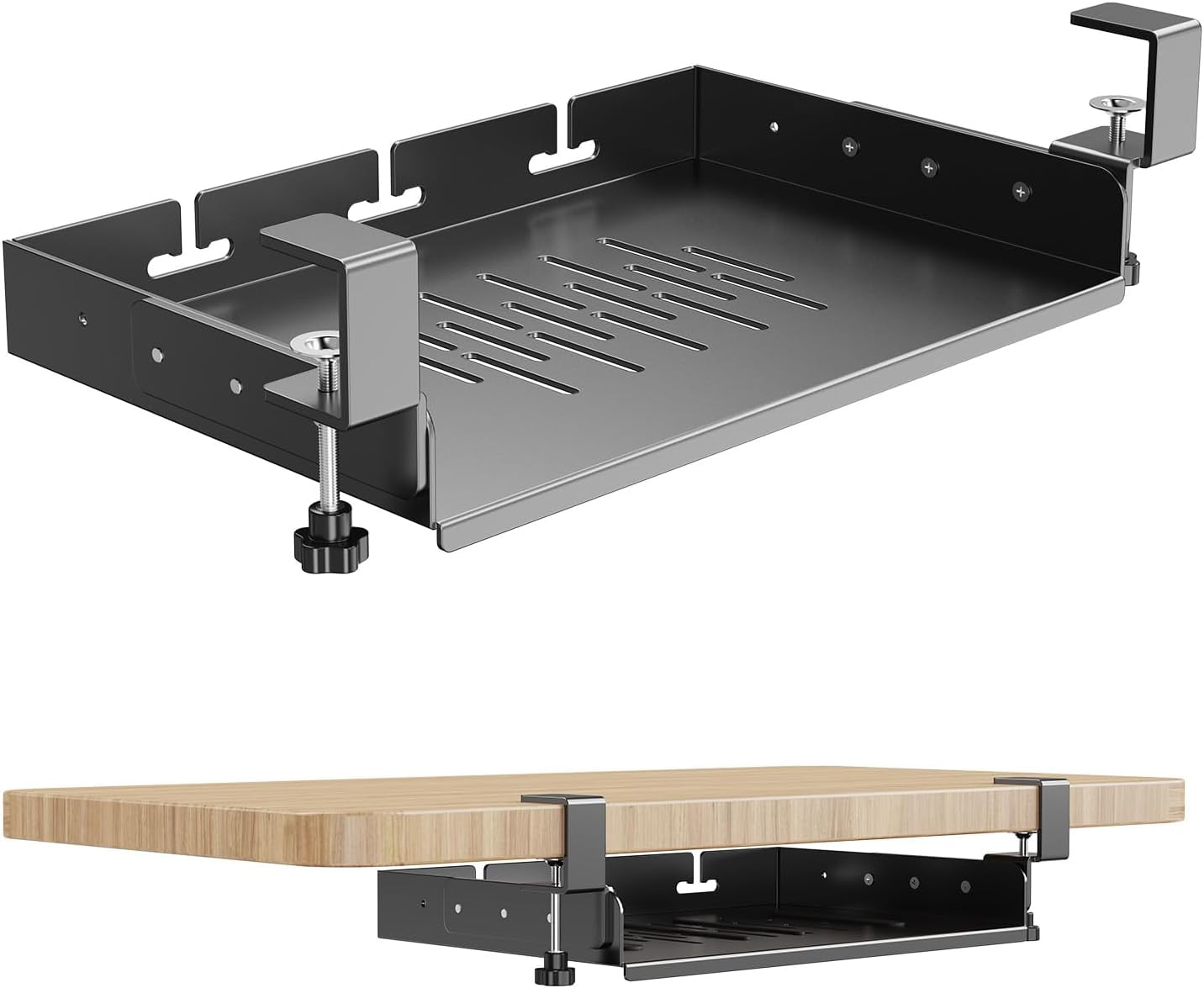 No Drill Under Desk Laptop Mount, Metal Storage Shelf with Cable ...