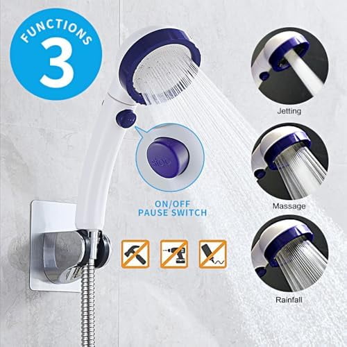 Drill-Free High Pressure Handheld Shower Head with ON/OFF Pause Switch ...