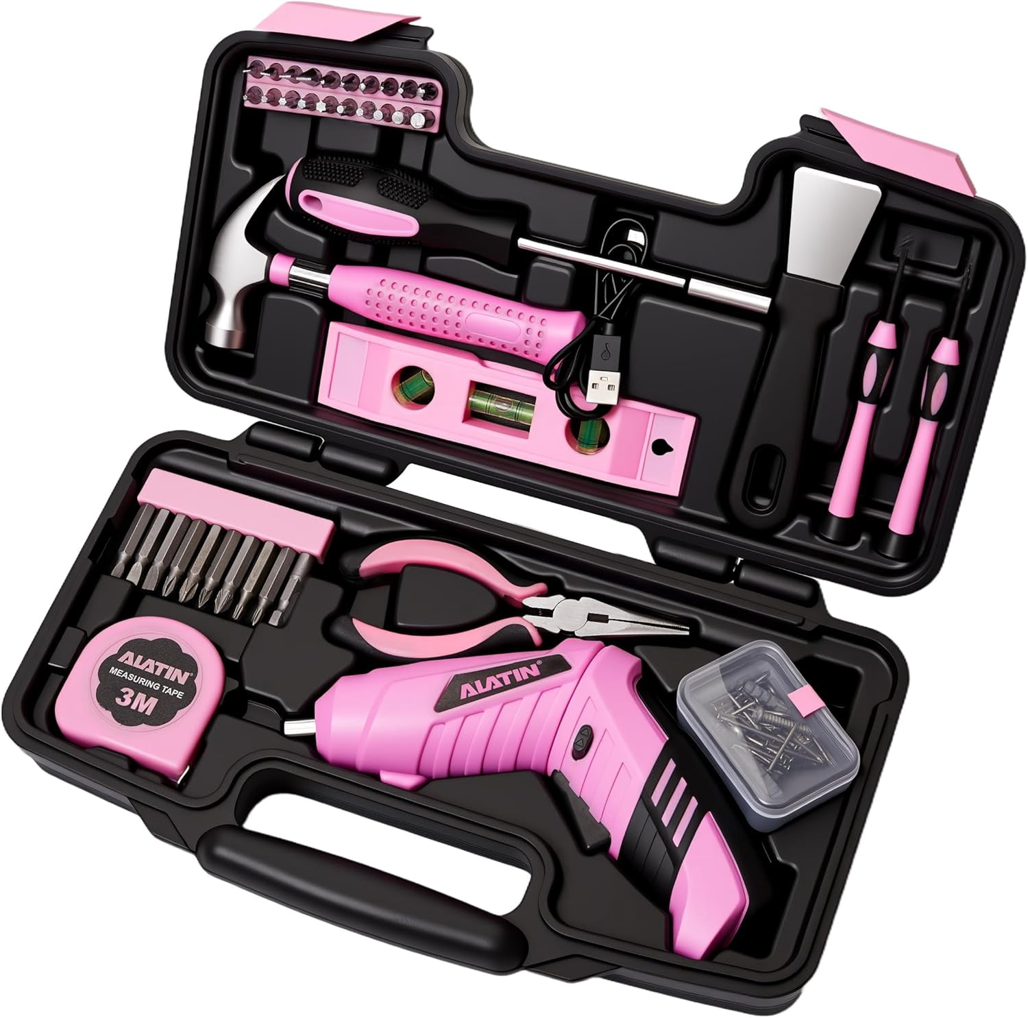Drill Set, Screw Driver Set Kit With 3.7V Pink Cordless Drill, 40-Piece ...