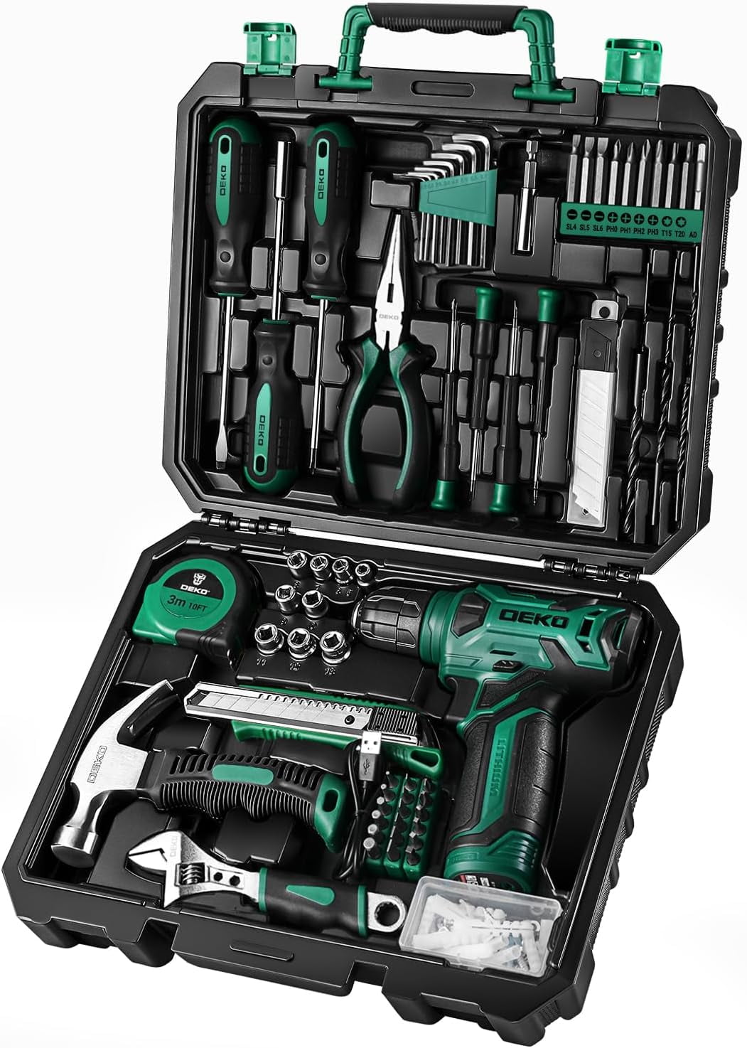 Drill Set: 8V Green Cordless Drill, Home Tool Kit with 126 Piece Hand ...