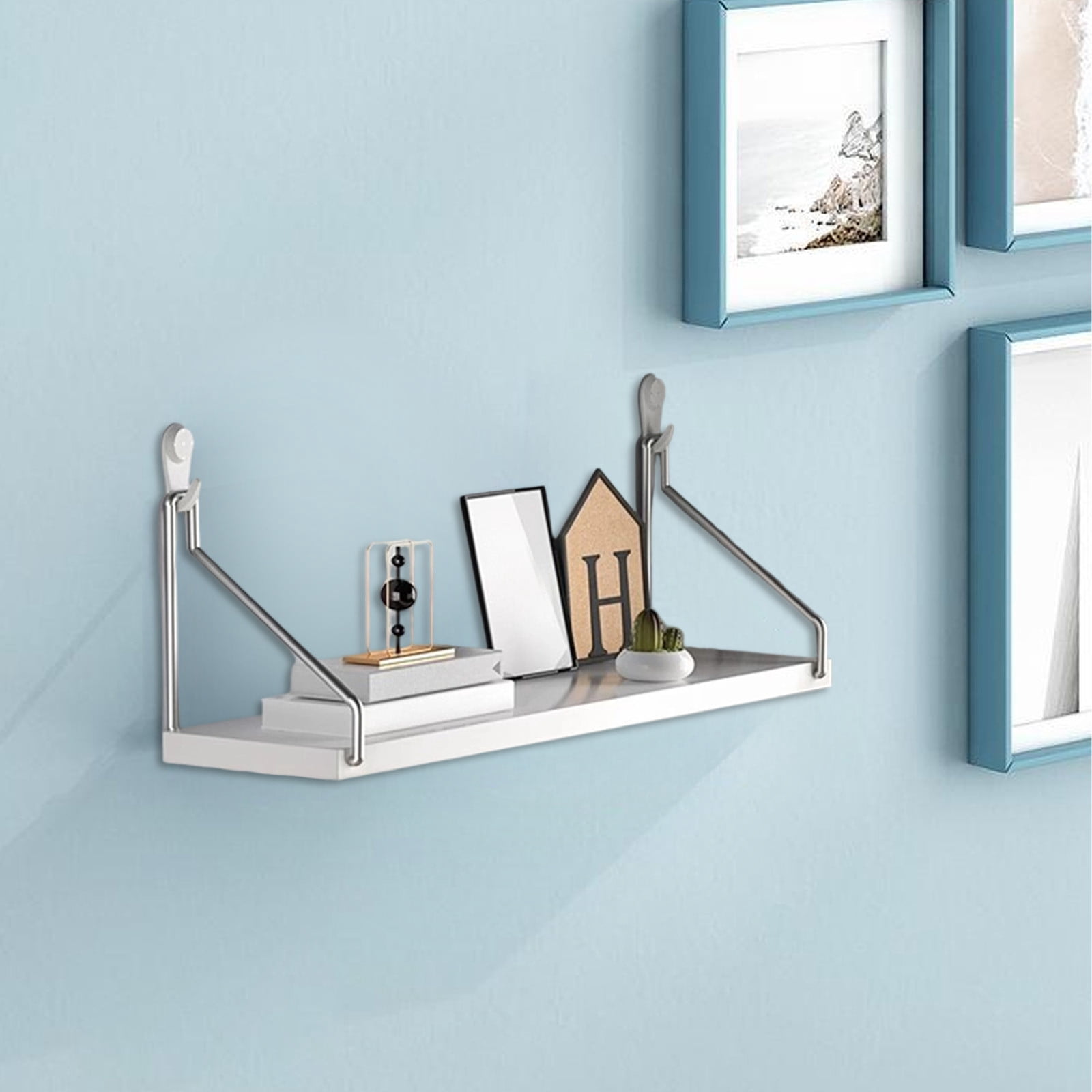 No Drill Wall Mounted Shelf with Adhesive Strips, Wood Floating Shelves ...