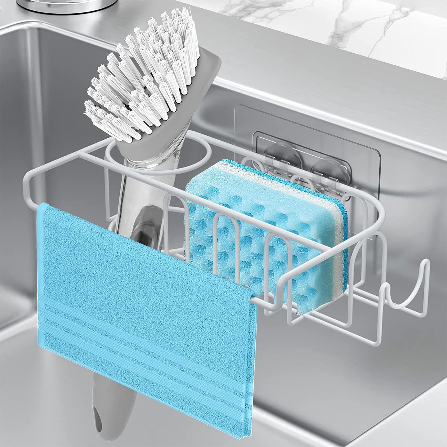 No Drilling Sponge Caddy, 4 in 1 Sink Sponge Holder for Kitchen Sink ...