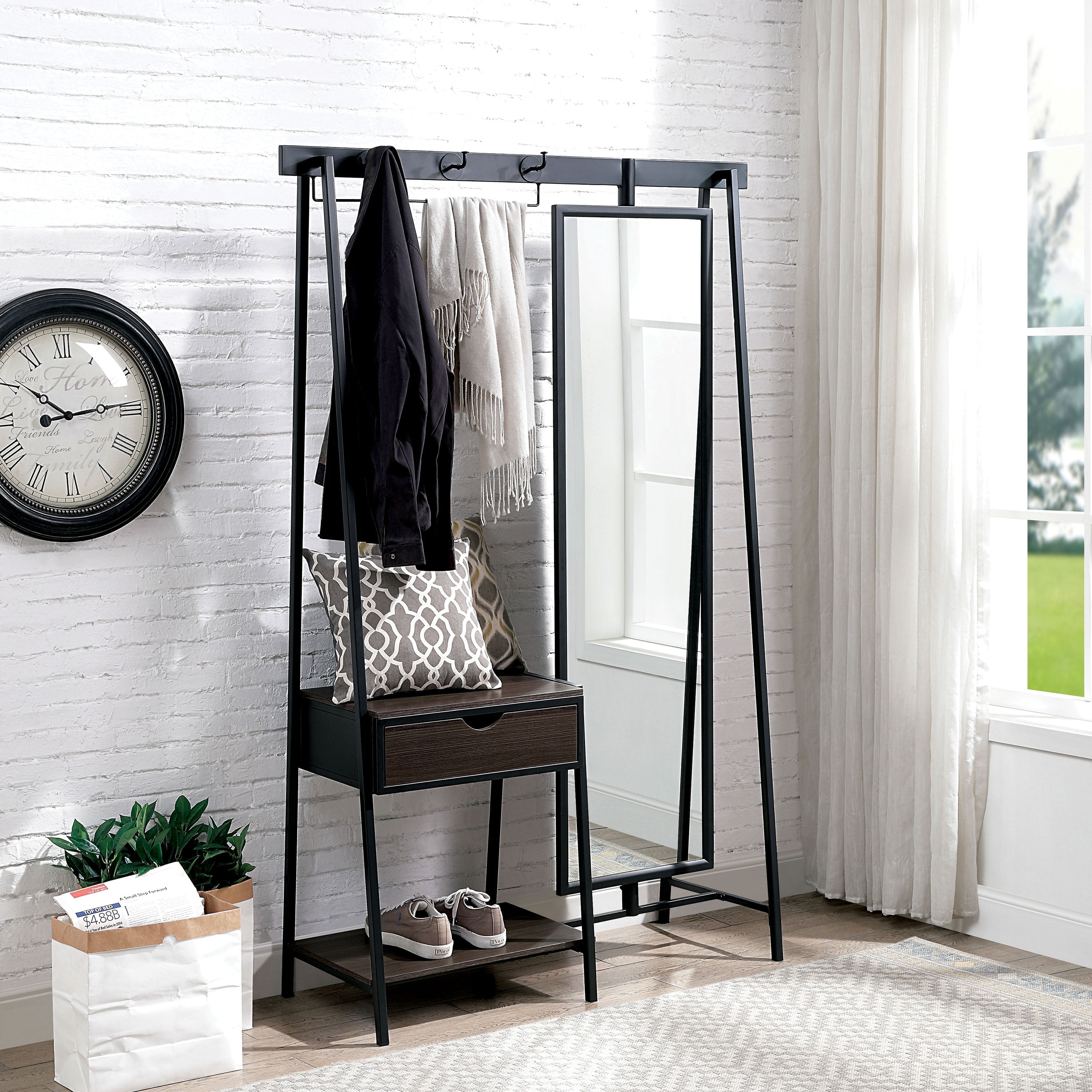 Drindel 3-Hook and 1-Drawer Metal Coat Stand with Mirror, Matte Black ...