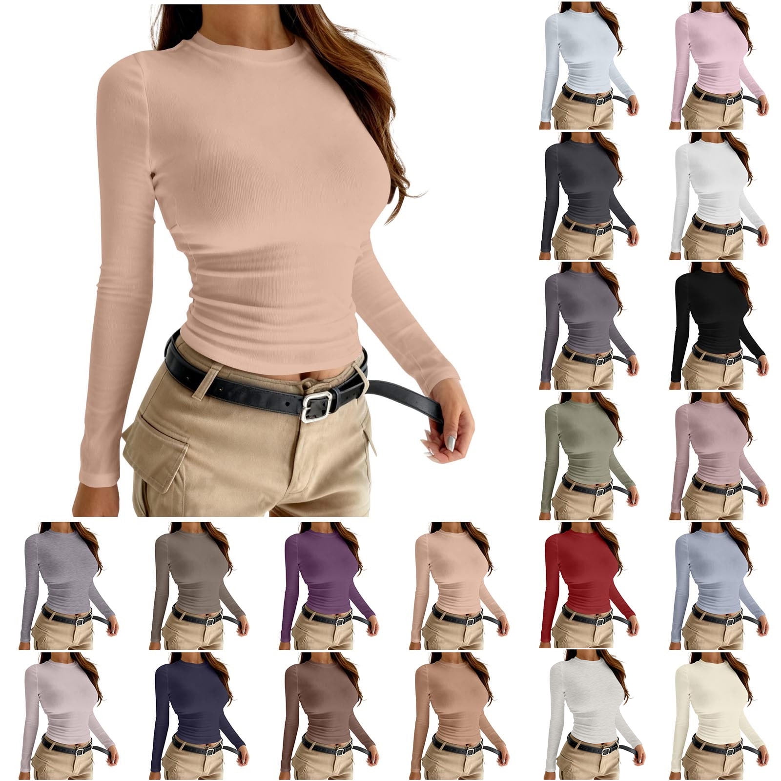 Drindf Long Sleeve Womens Shirts Crewneck Slim Fit Cropped Blouses ...