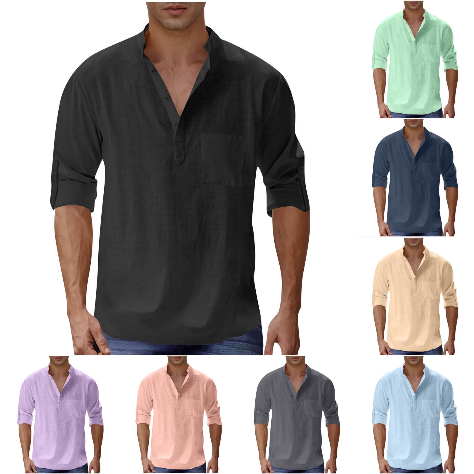 Drindf Men's Linen Henley Shirts Cotton Long Sleeve Shirt Casual Button ...