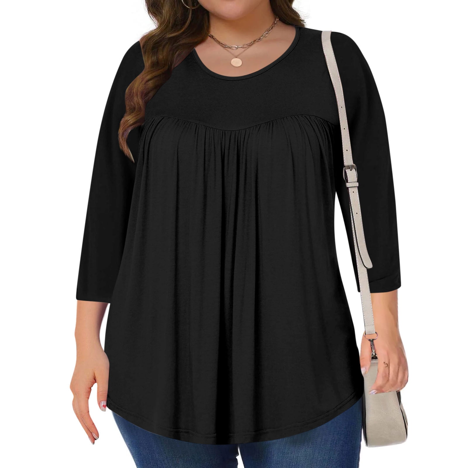 Drindf Plus Size Womens Shirts 3/4 Length Sleeve Round Neck Pleated ...