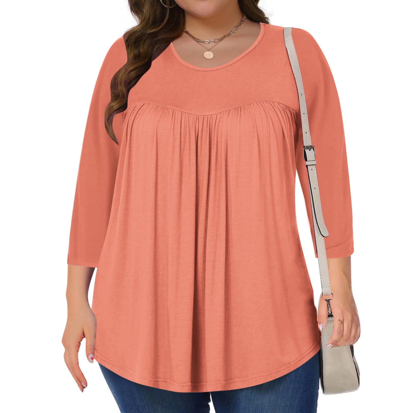 Drindf Plus Size Womens Shirts 3/4 Length Sleeve Round Neck Pleated ...