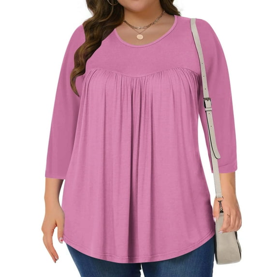 Drindf Plus Size Womens Shirts 3/4 Length Sleeve Round Neck Pleated ...