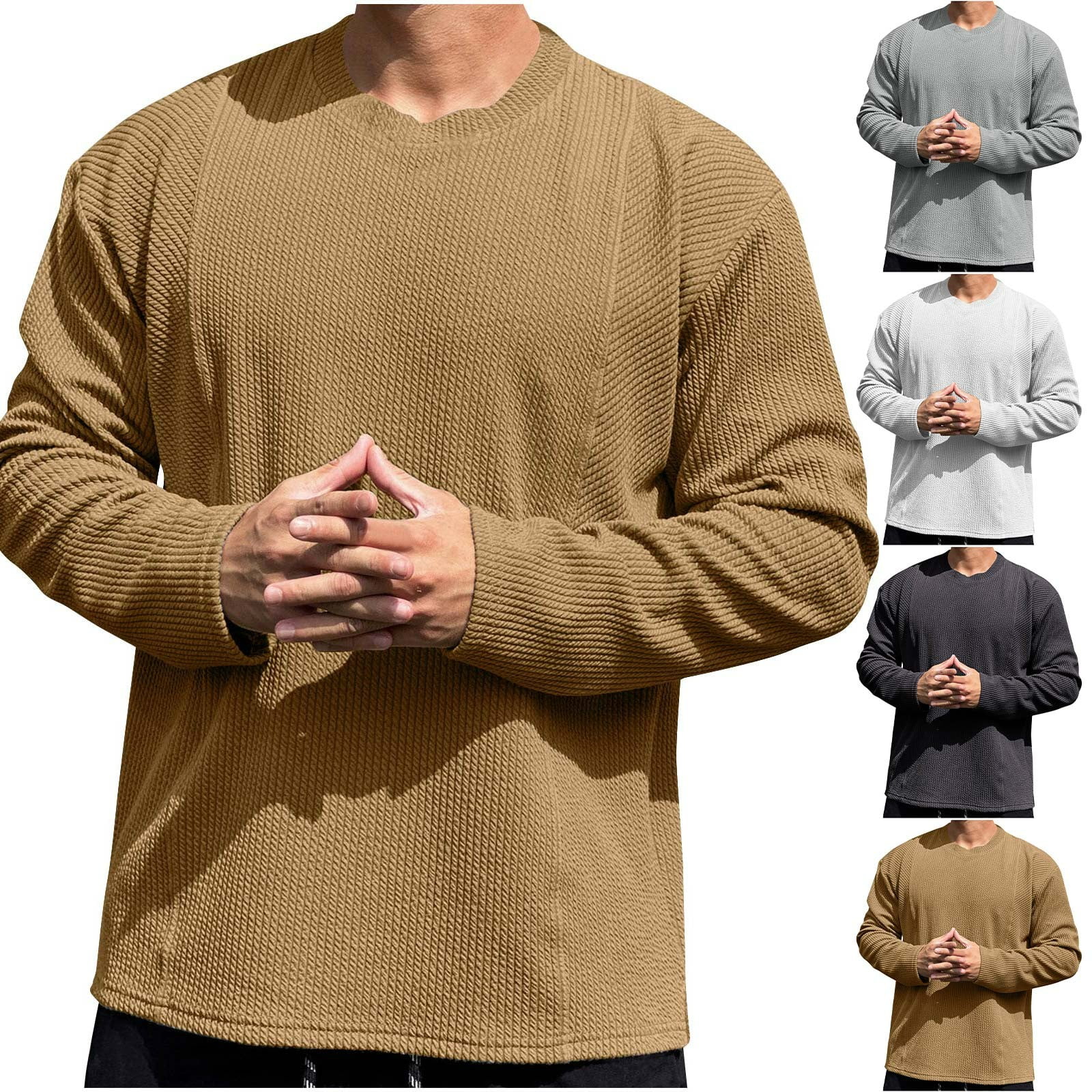 Drindf Ribbed Knit Shirts for Men Long Sleeve Casual Tops Loose Fit ...