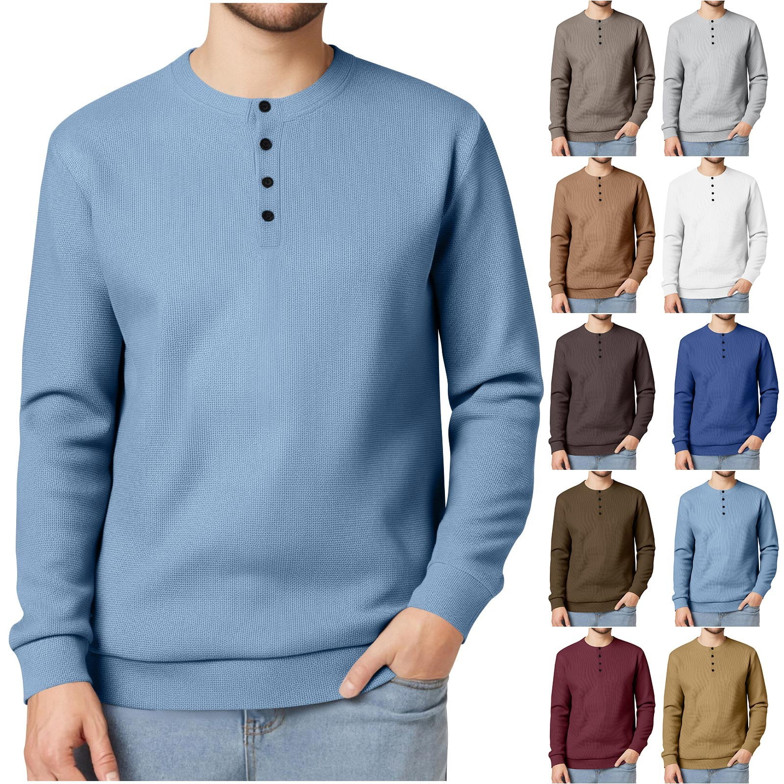 Drindf Waffle Knitted Tops for Men Casual Button Up Henley Shirts ...