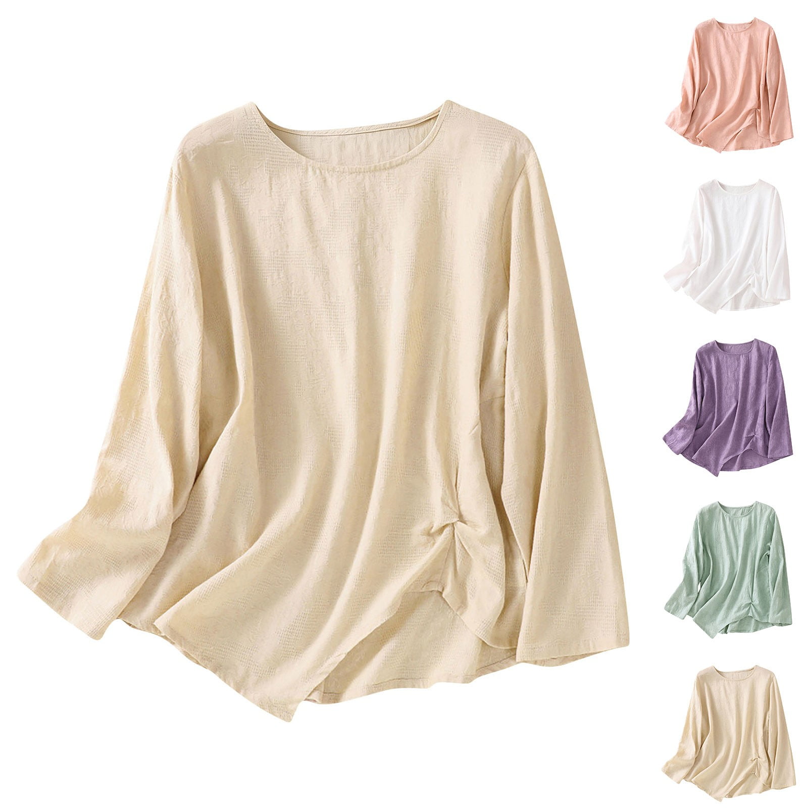 Drindf Womens Cotton Linen Blouses Long Sleeve Comfy Shirts Solid Color ...