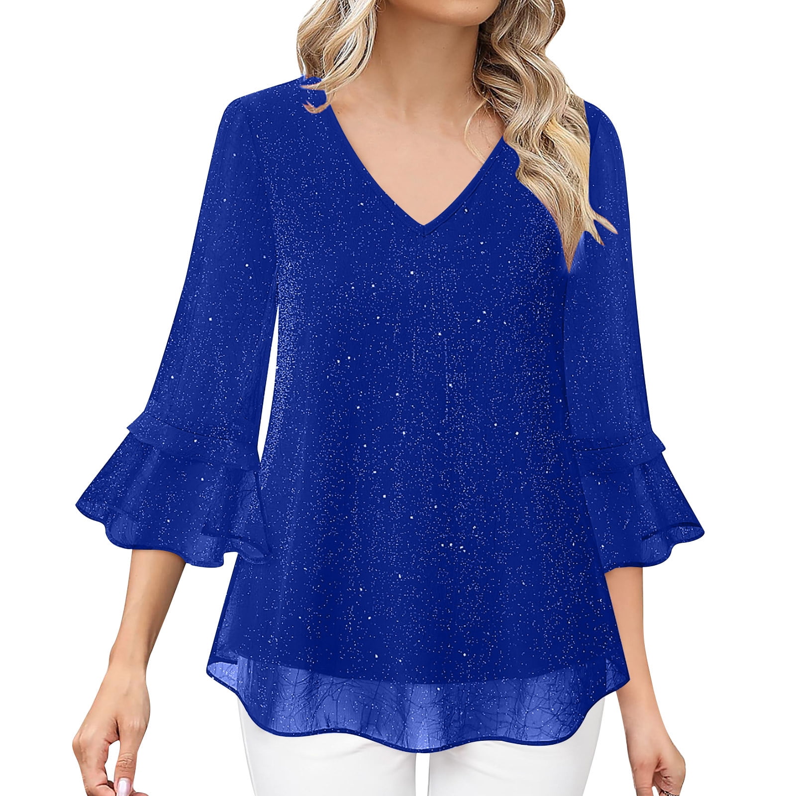 Drindf Womens Glitter Shirts 3/4 Length Sleeve Ruffles Loose Fit Tunic ...