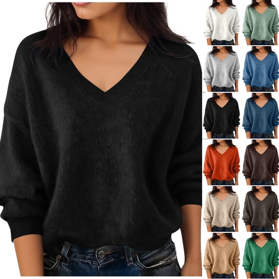Drindf Womens Plus Size Sweater V Neck Long Sleeve Tunic Blouses Loose ...