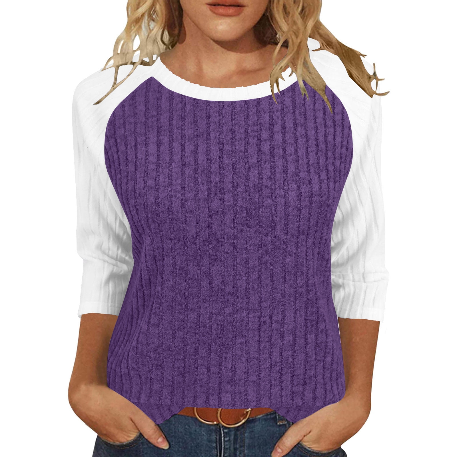 Drindf Womens Ribbed Knit Shirts 3/4 Raglan Sleeve Blouses Crewneck ...