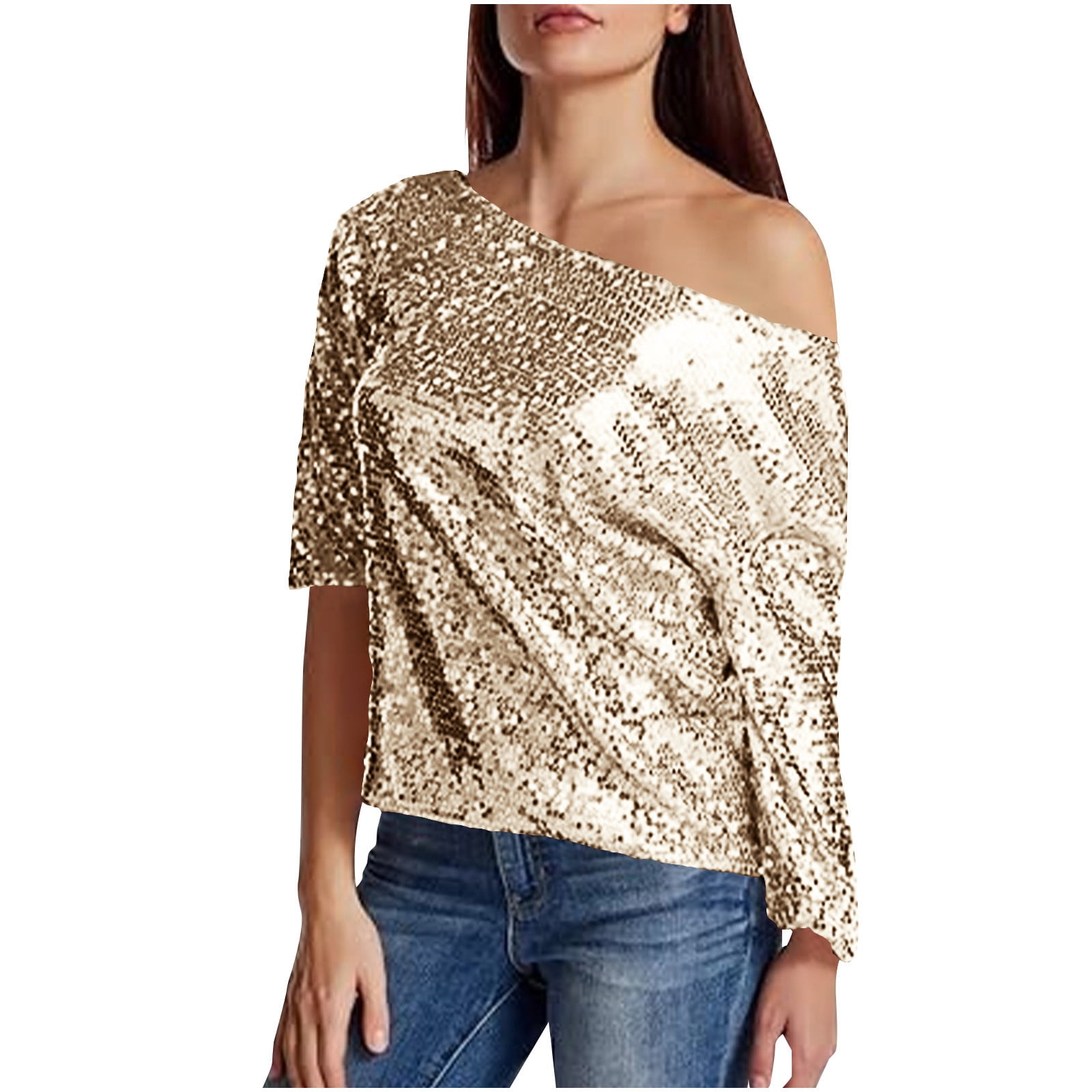 Drindf Womens Sequin Blouses Off Shoulder Solid Color Shirt Dressy ...