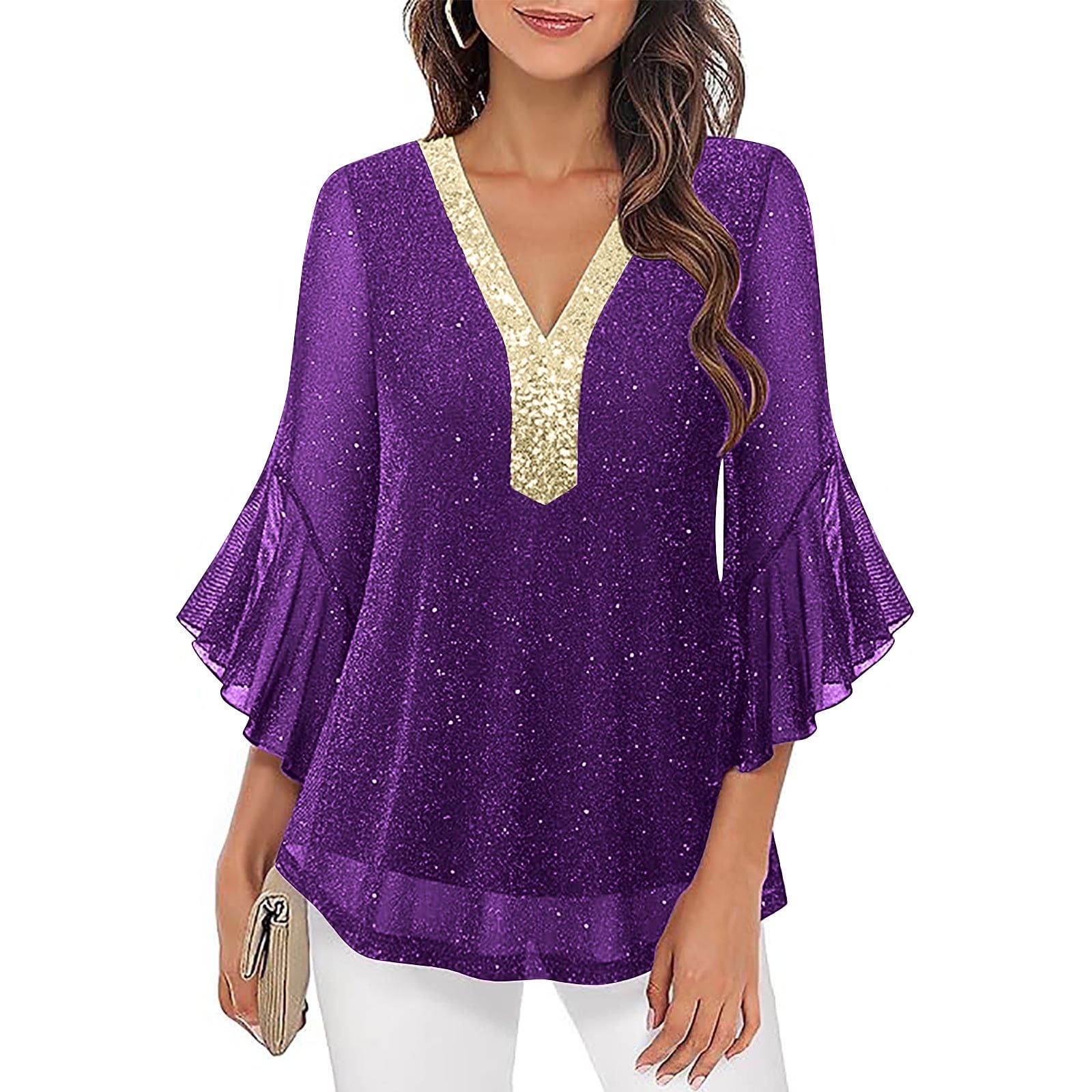 Drindf Womens Sequin V Neck Patchwork Blouses Glitter Mesh 3/4 Ruffles ...