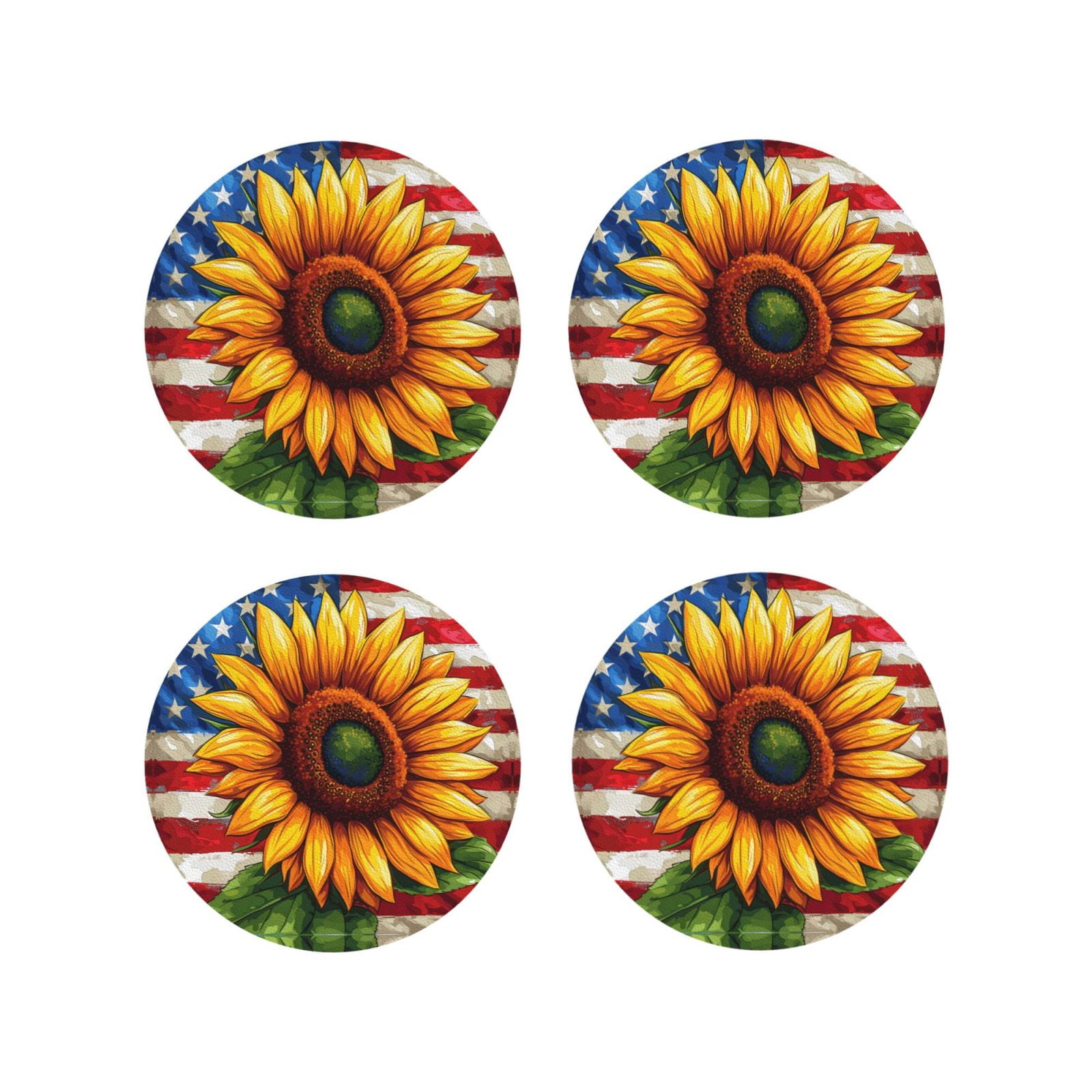 Drink Coasters, American Flag Sunflower Art -PVC Leather Coasters Sets ...