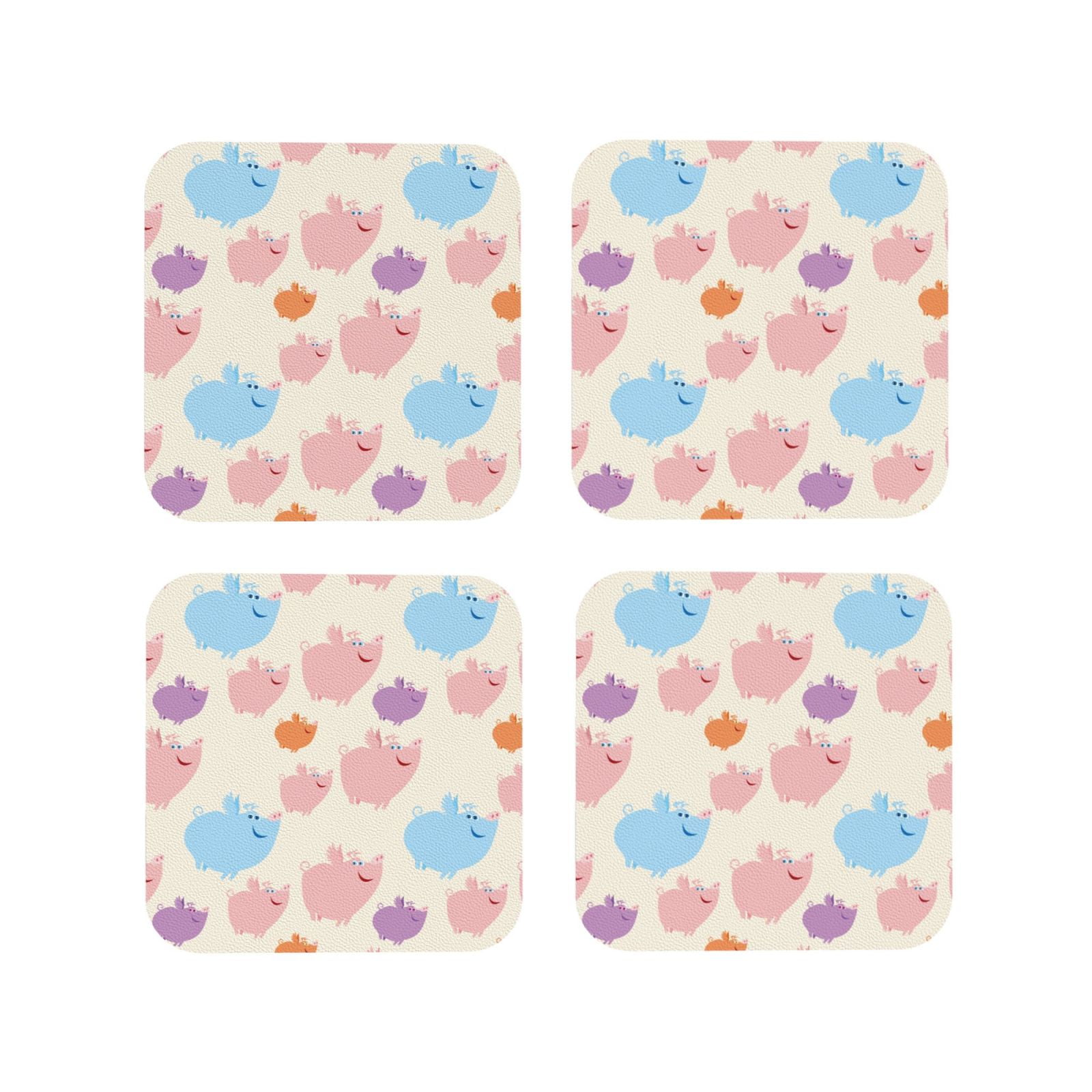 Drink Coasters, Artistic Cute Cartoon Pig -PVC Leather Coasters Sets of ...