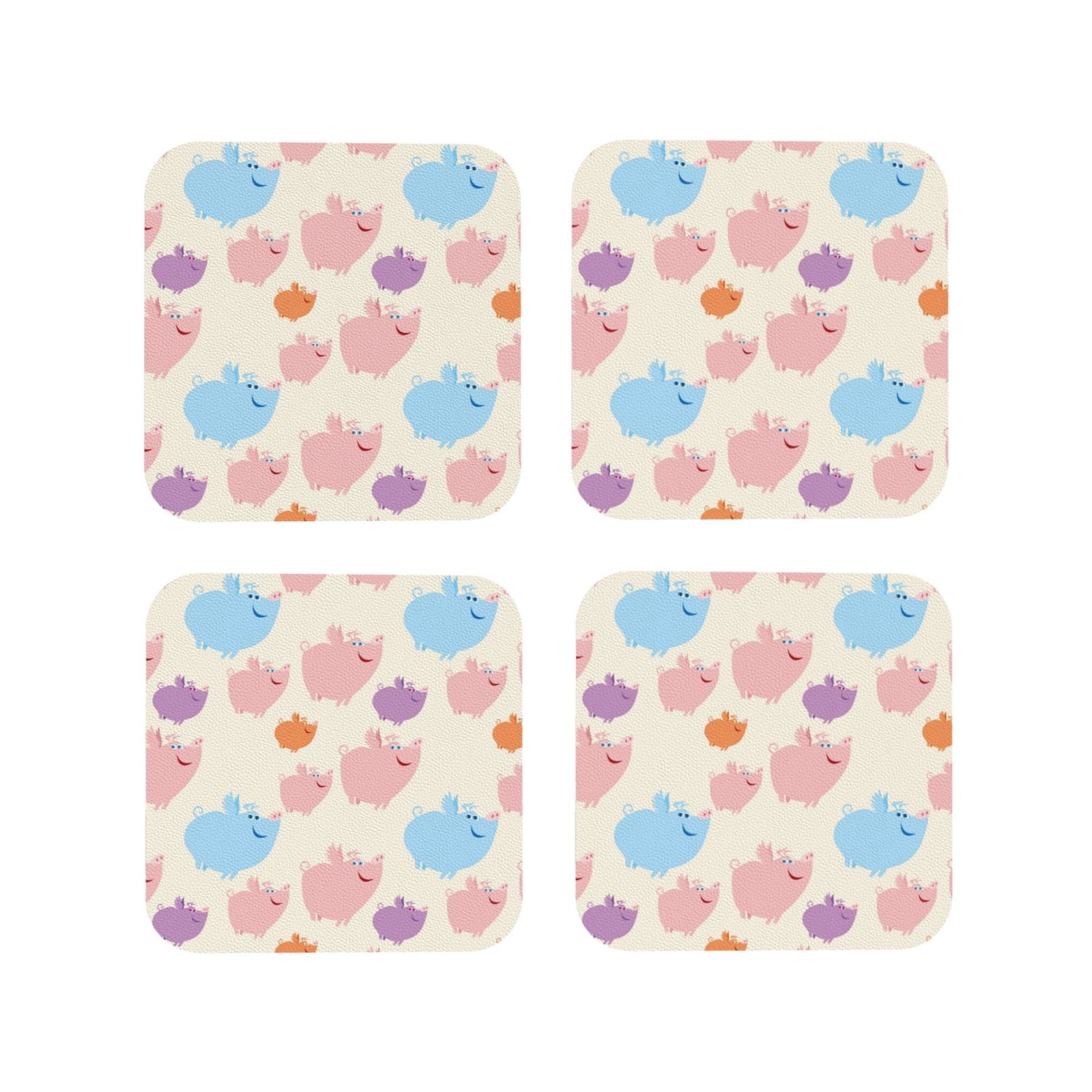 Drink Coasters, Artistic Cute Cartoon Pig -PVC Leather Coasters Sets of ...