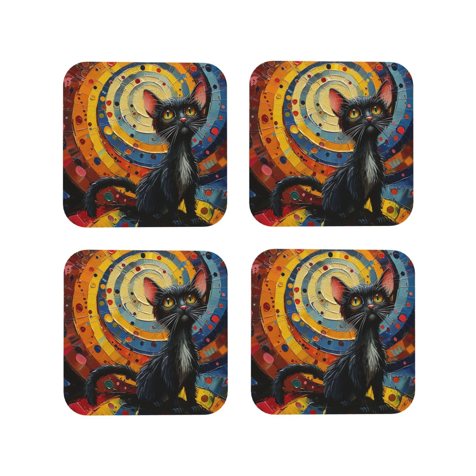 Drink Coasters, Black Cat Psychedelic Art -PVC Leather Coasters Sets of ...
