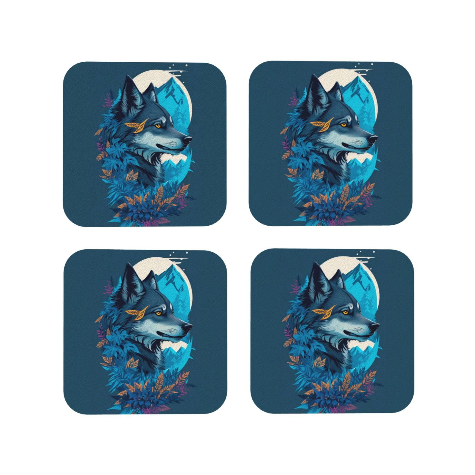 Drink Coasters, Blue Iceberg Leaf Wolf -PVC Leather Coasters Sets of 4 ...
