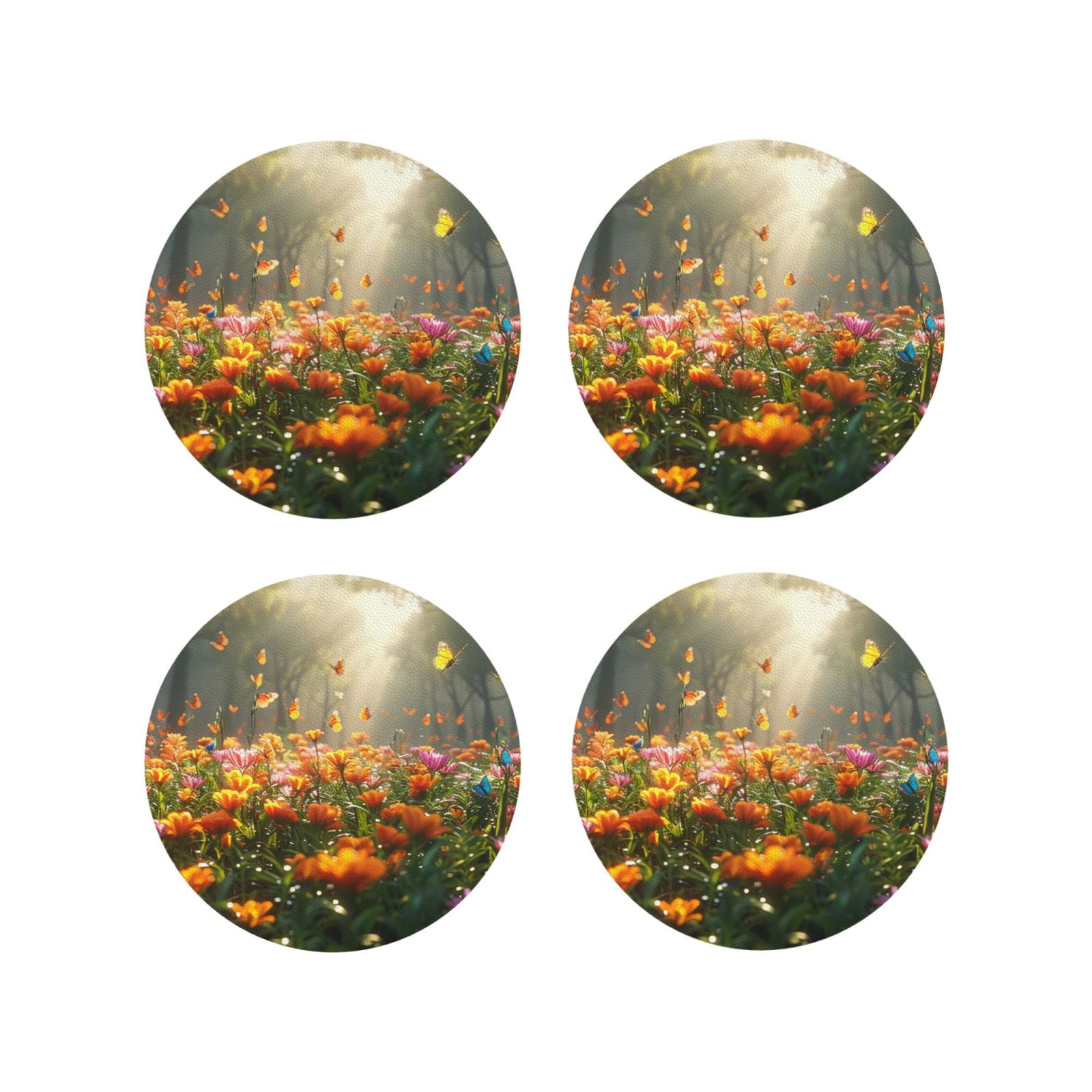 Drink Coasters, Butterflies In Flower Field -PVC Leather Coasters Sets ...