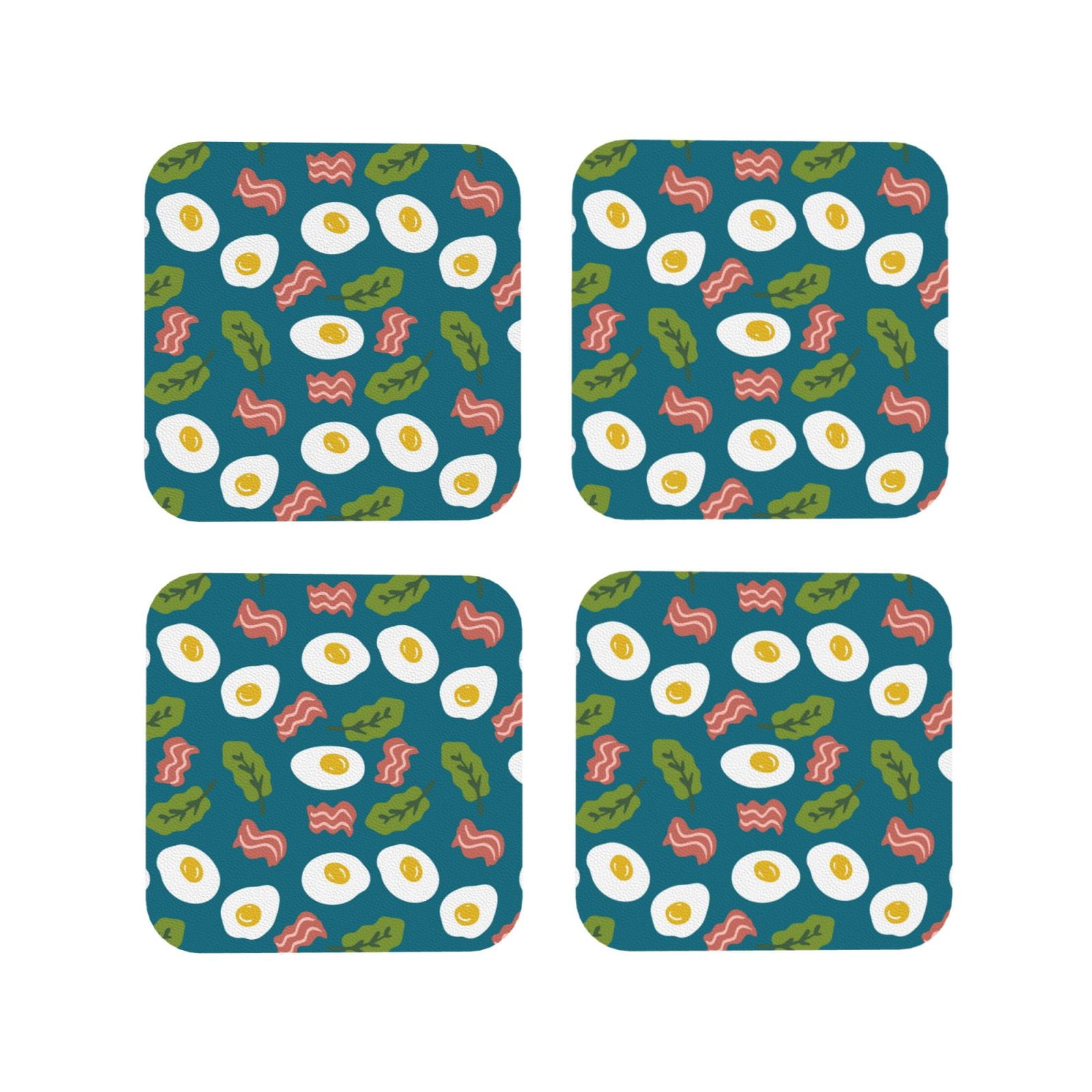 Drink Coasters, Cartoon Bacon Omelette Print -PVC Leather Coasters Sets ...