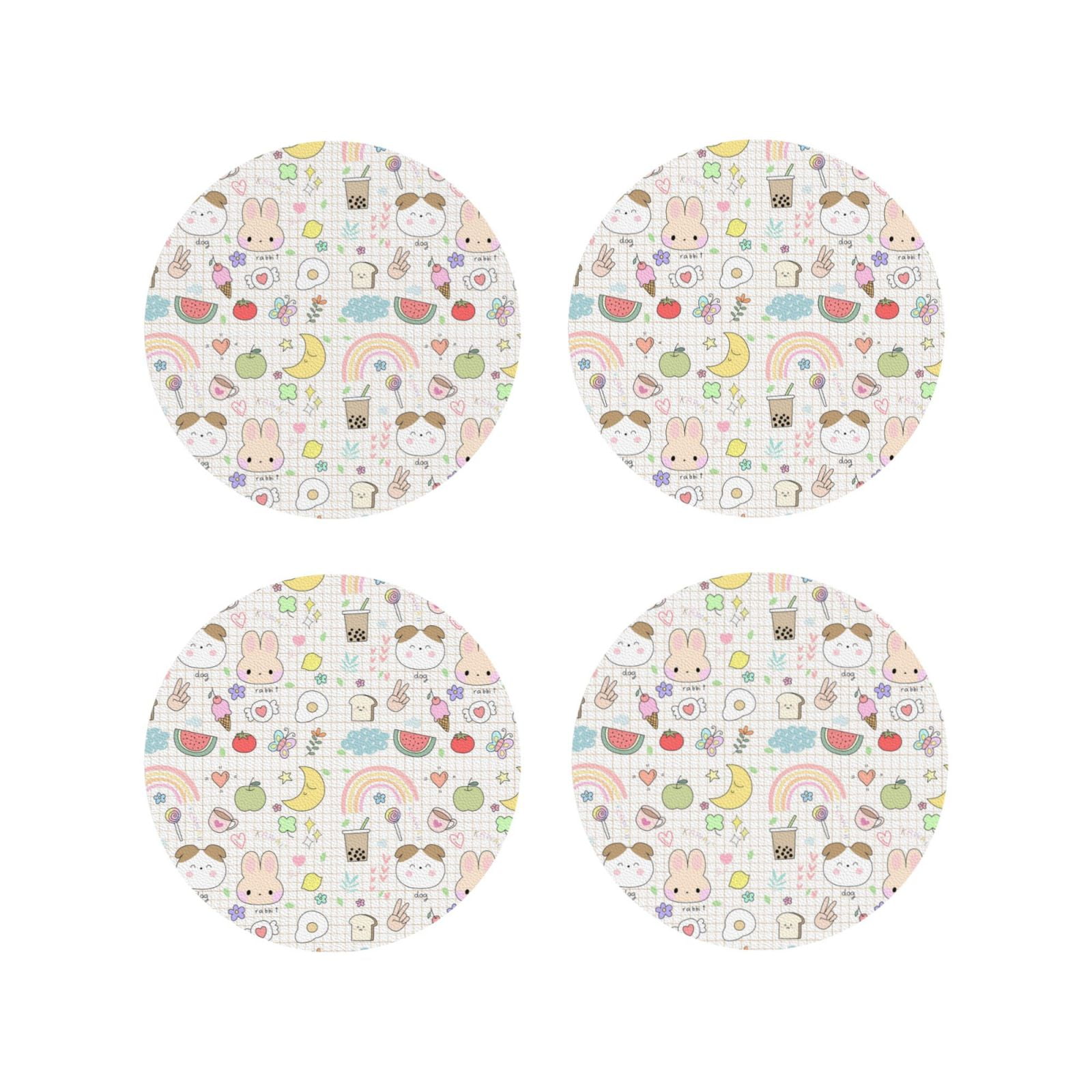 Drink Coasters, Cartoon Cute Rabbit Moon Rainbow -PVC Leather Coasters ...
