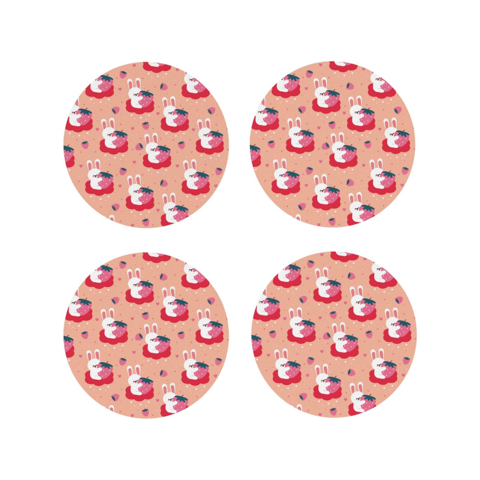 Drink Coasters, Cartoon Cute Rabbit Strawberry -PVC Leather Coasters ...