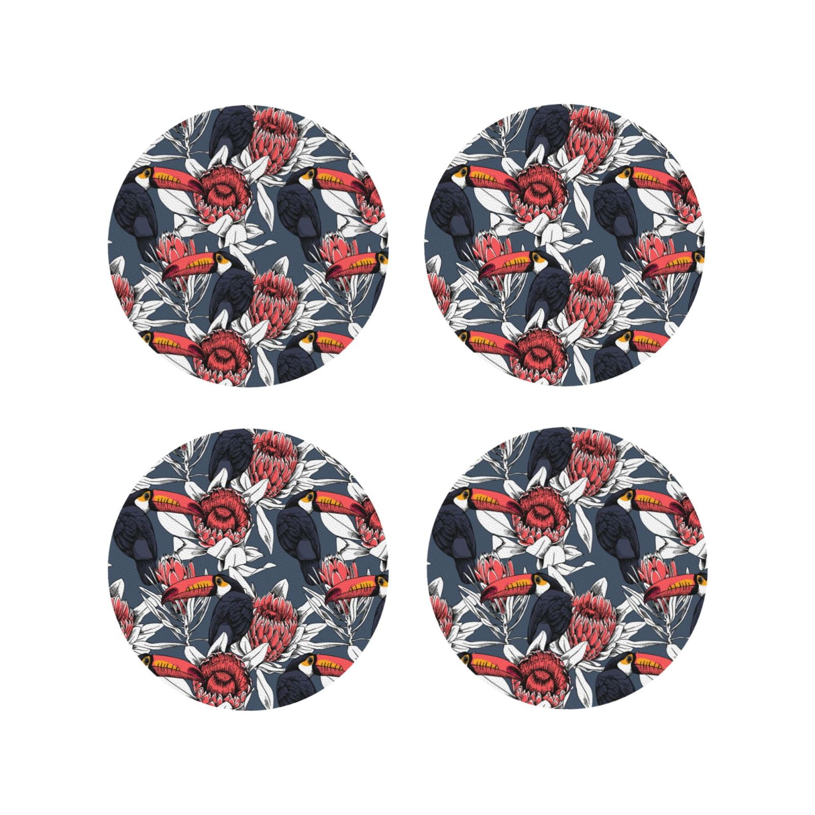Drink Coasters, Cartoon Cute Toucan Bird Flower -PVC Leather Coasters ...