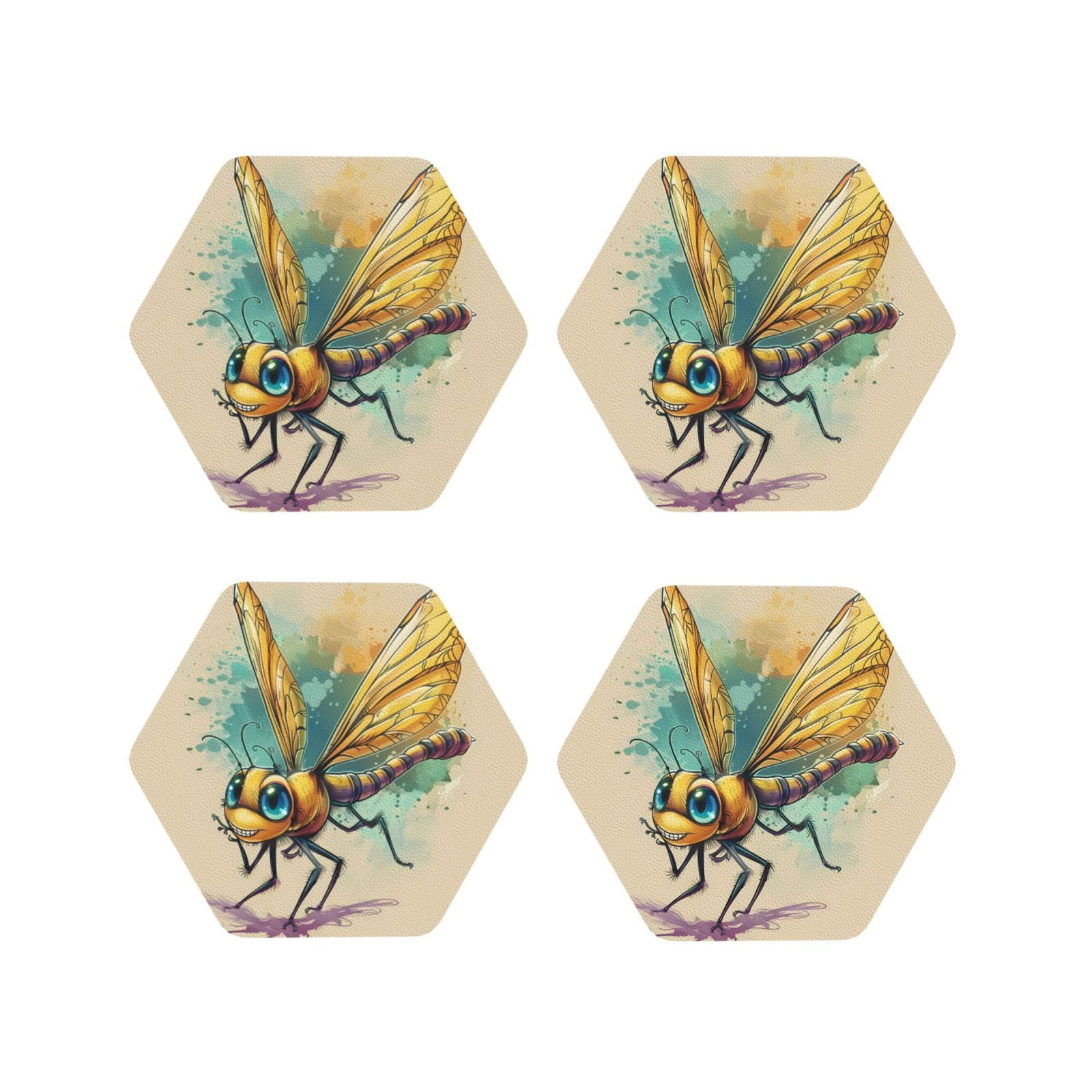 Drink Coasters, Cartoon Dragonfly Art -PVC Leather Coasters Sets of 4 ...
