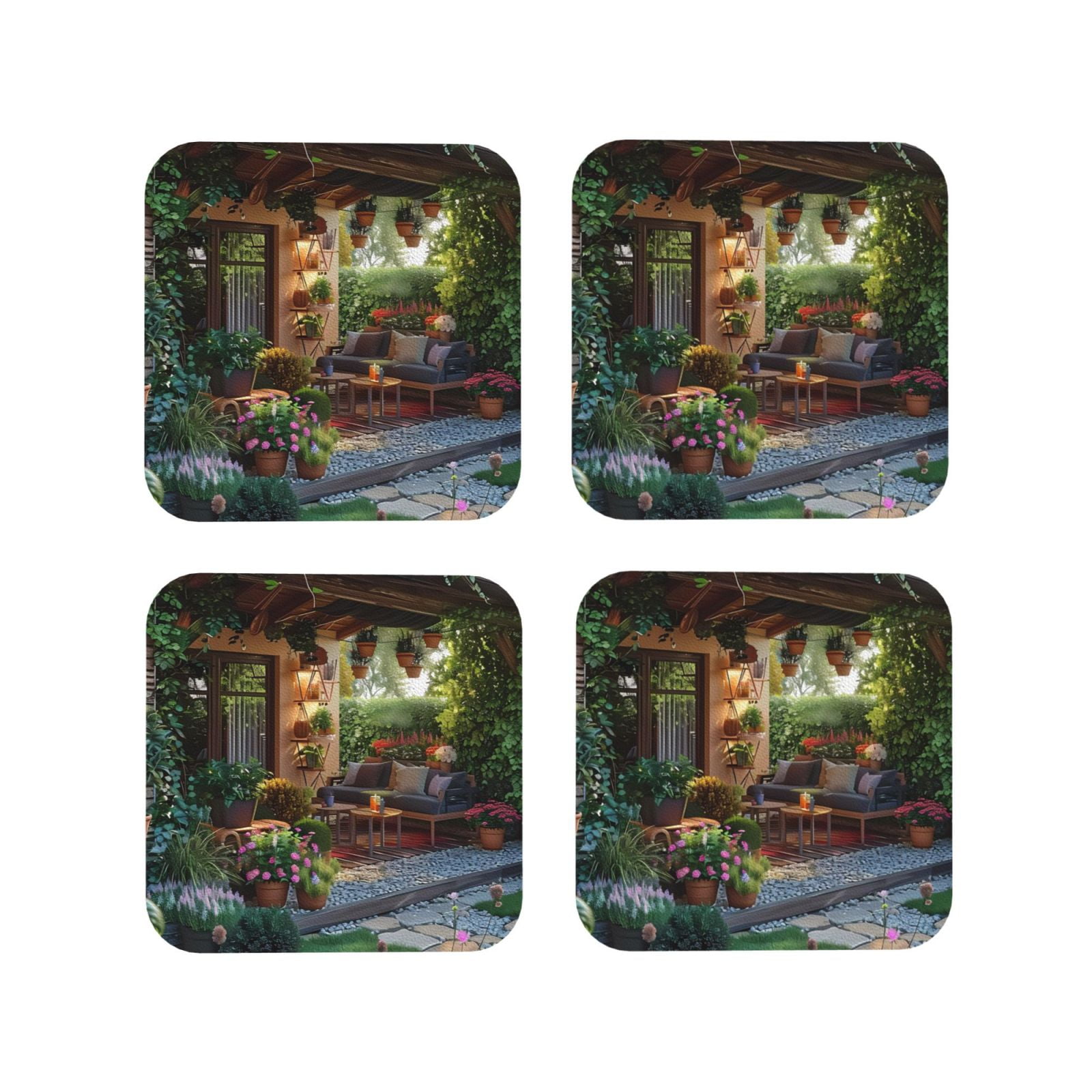 Drink Coasters, Charming Garden Patio -PVC Leather Coasters Sets of 4 ...