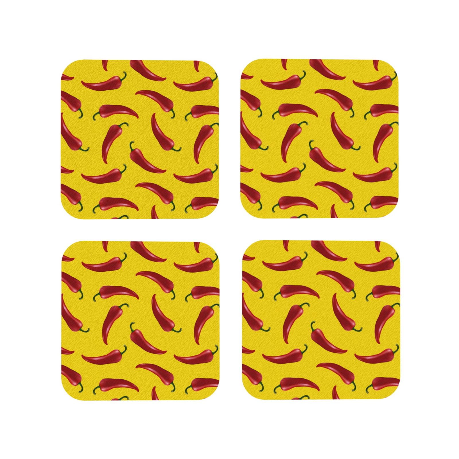 Drink Coasters, Chili Pepper Print yellow -PVC Leather Coasters Sets of ...