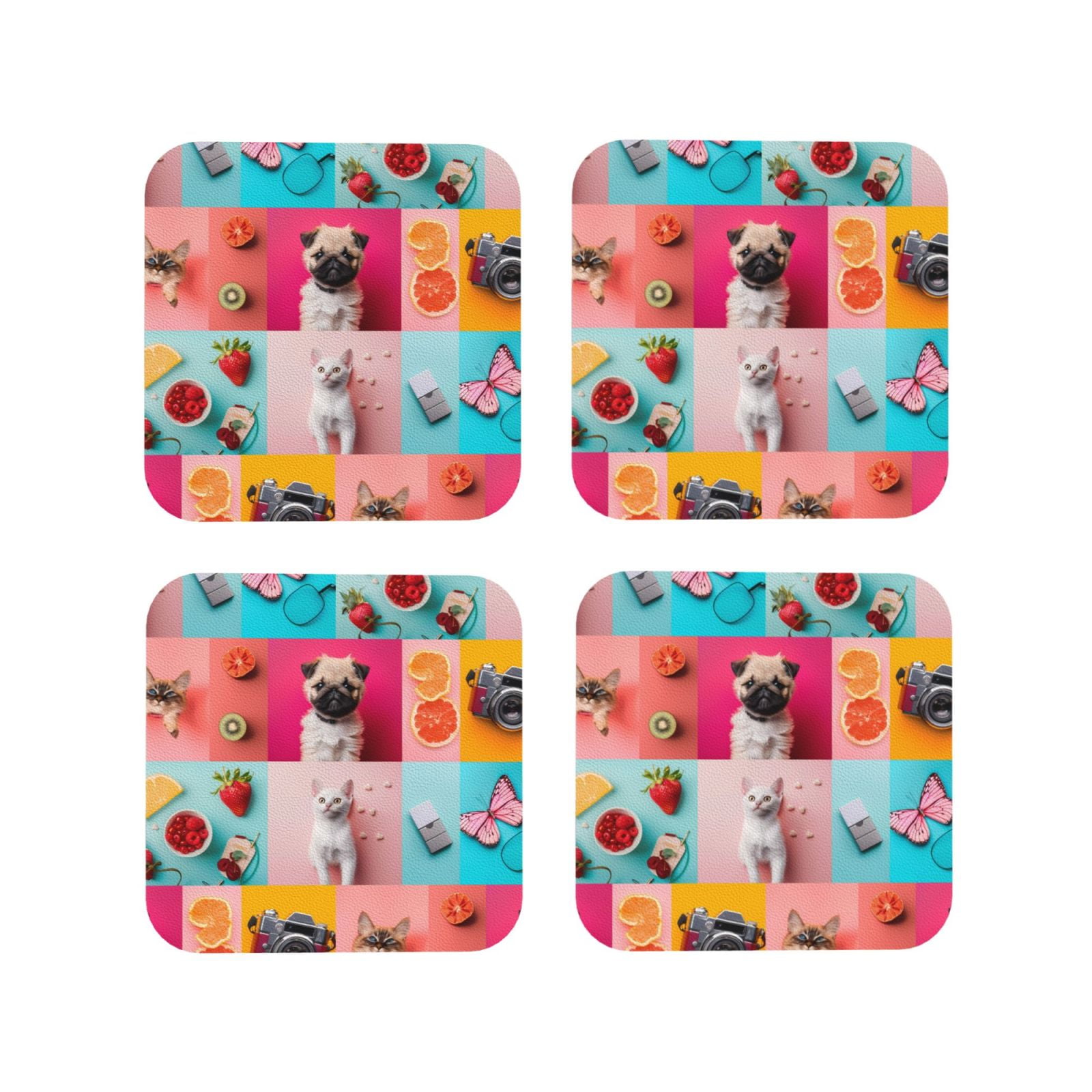 Drink Coasters, Colorful Dog Cat Collage -PVC Leather Coasters Sets of ...